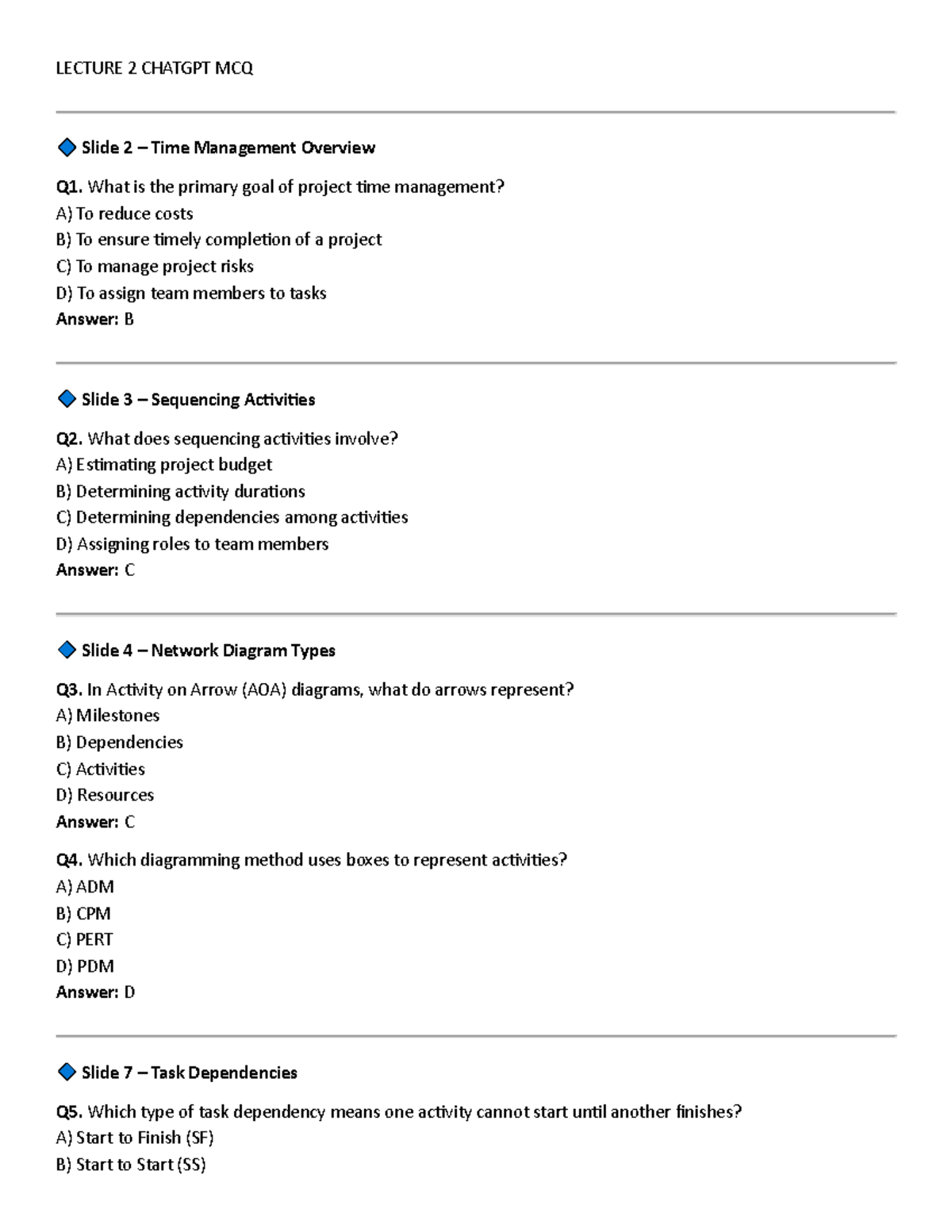 PM CHAT + GEMINI MCQ - Project Time Management Overview - Studocu