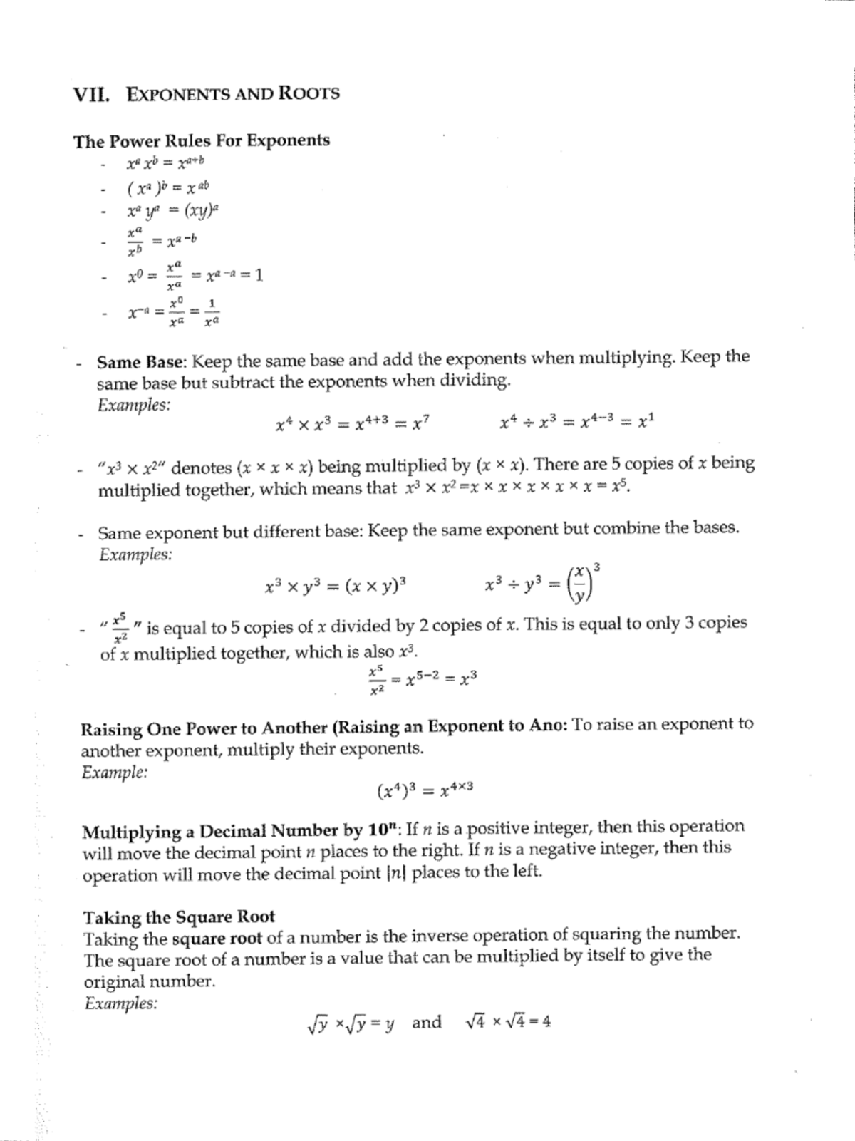 VII. Exponents and Roots: Power Rules and Problem Solving (HW Mar 15 ...