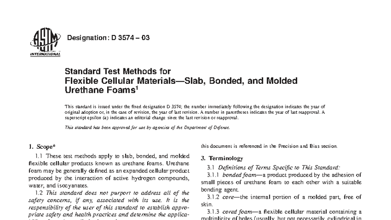 Standard Test Methods for Flexible Cellular Materials D 3574 - Studocu