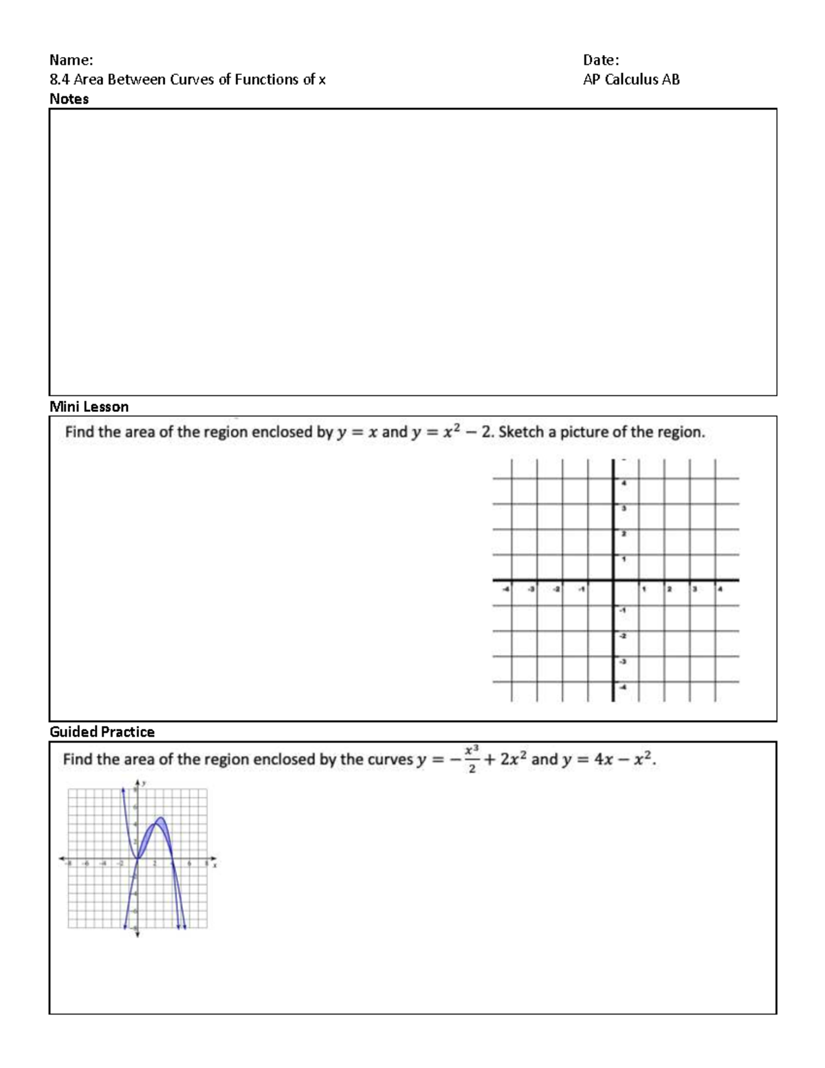 AP Calculus AB: 8.4 Area Between Curves Notes & Practice - Studocu