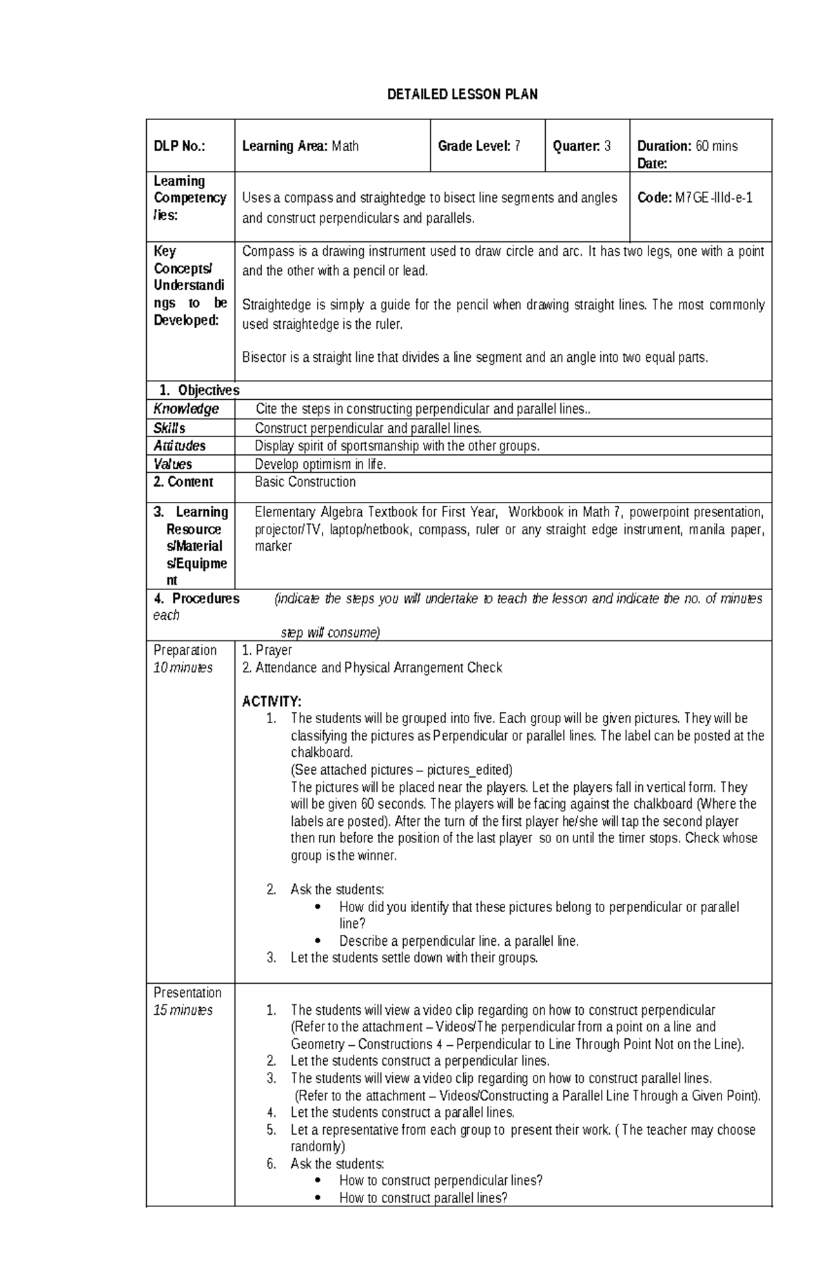 Dlp9 math7q3 - Math Detailed Lesson Plan - DETAILED LESSON PLAN DLP No ...
