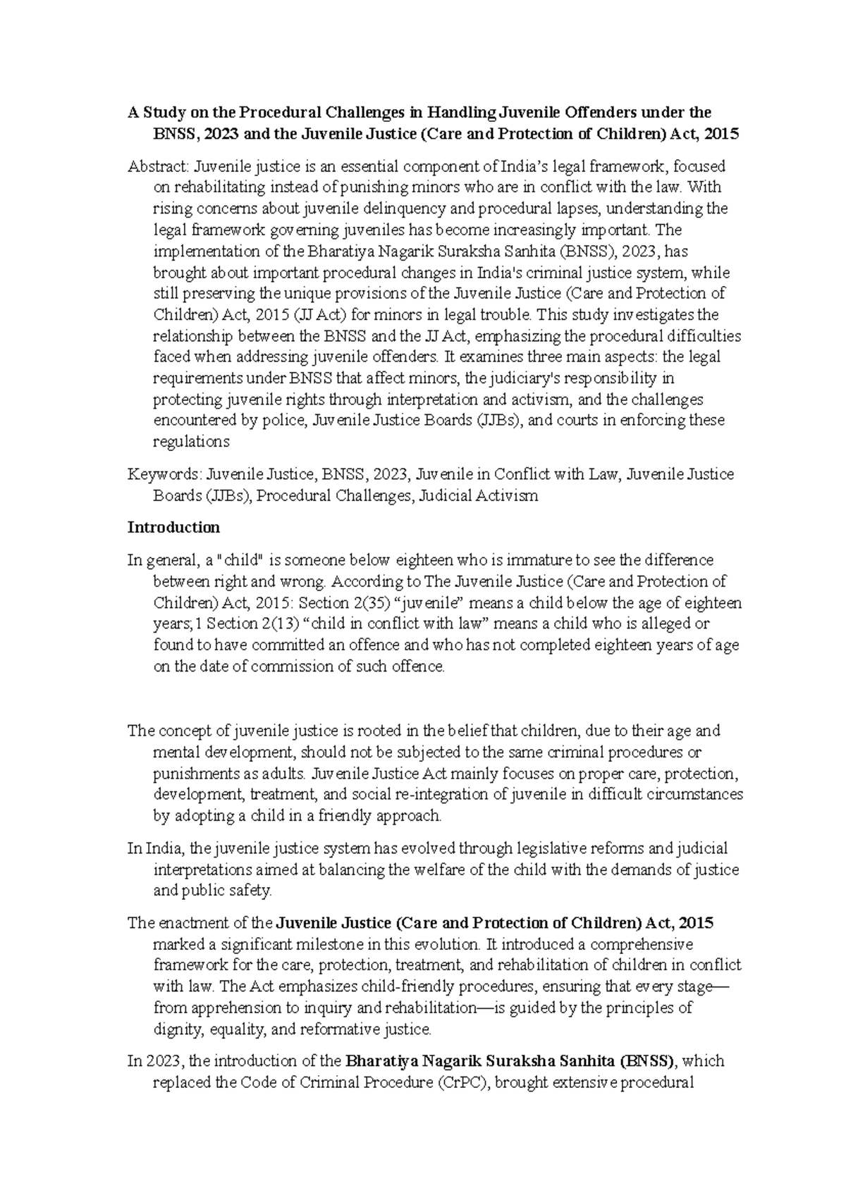 BNSS 2023: Procedural Challenges in Juvenile Justice System - Studocu