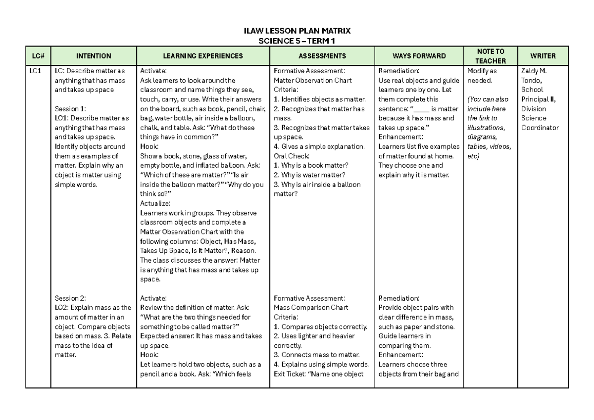 ILAW Lesson Plan Matrix: Science 5 Term 1 - Understanding Matter - Studocu