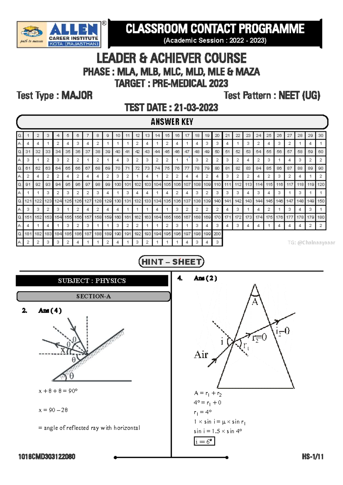 Leader Achiever Major Test Answer Key - NEET (UG) 2023 - Studocu