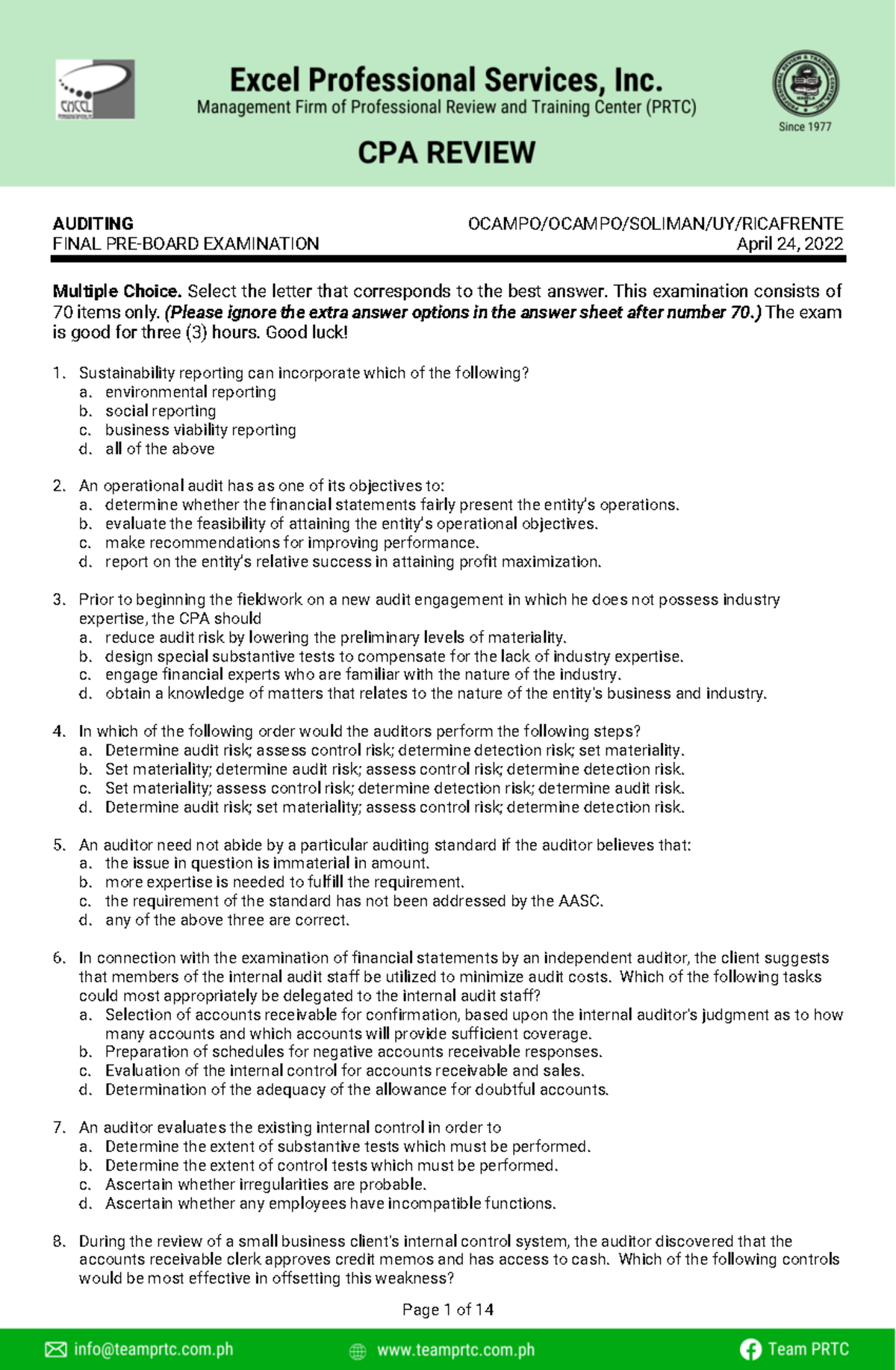 PRTC Preboards AT - Final Exam Review and Practice Questions - Studocu