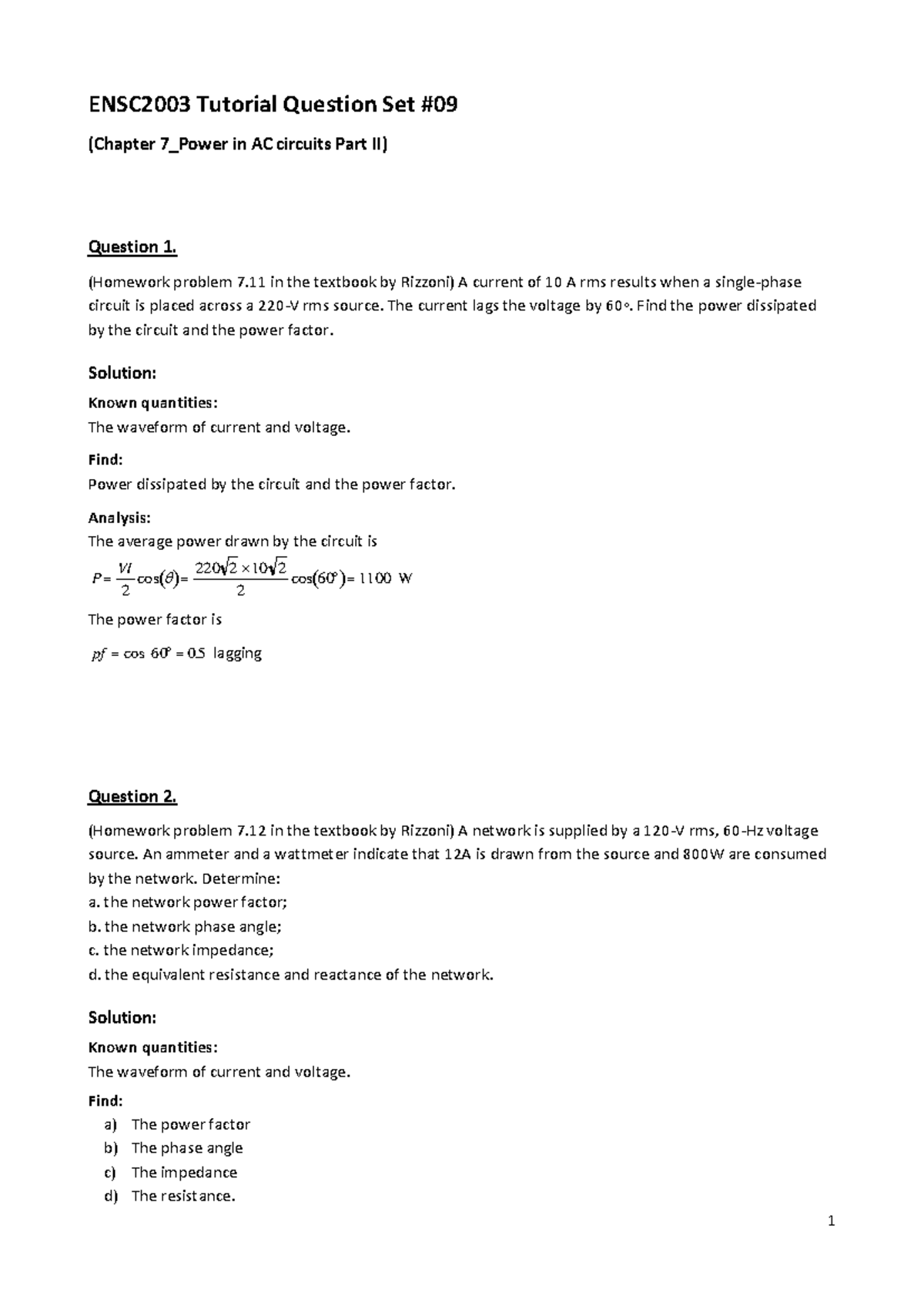 ENSC2003 Tutorial Question Set 09 Solutions: Power in AC Circuits - Studocu