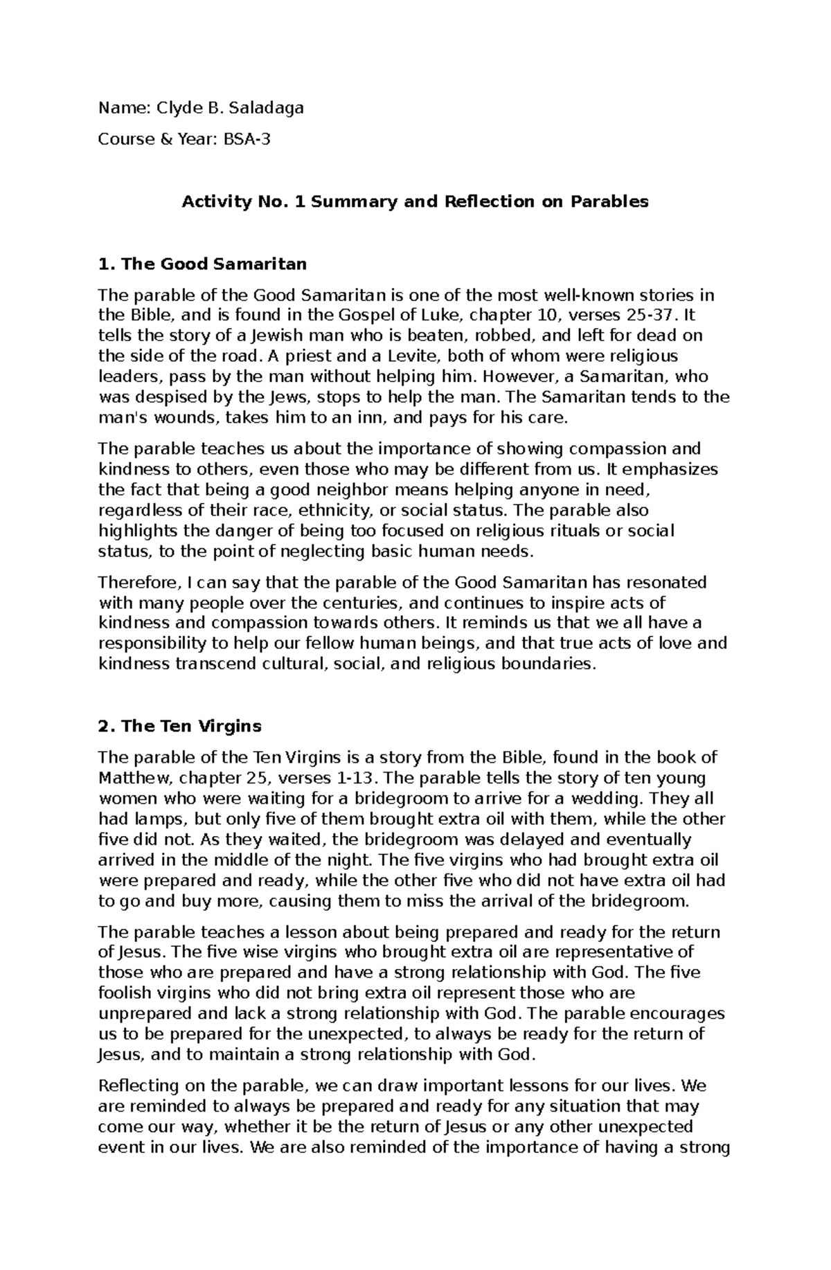 Activity No. 1 Summary and Reflection on Parables - Name: Clyde B ...