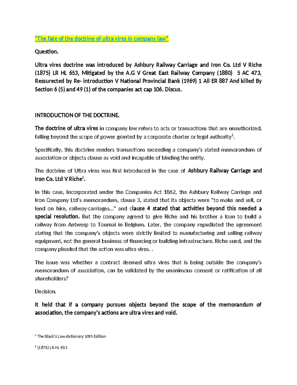 The Fate of the Ultra Vires Doctrine in Company Law: A Critical ...