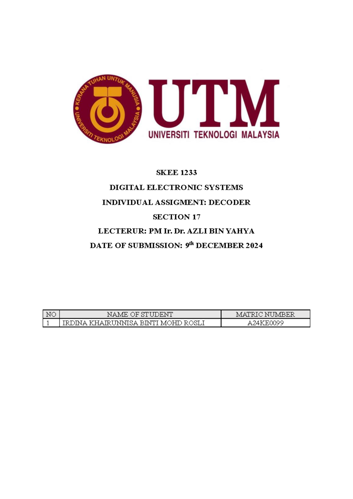 Individual Assigment Digital Electronics System - SKEE 1233 DIGITAL ...
