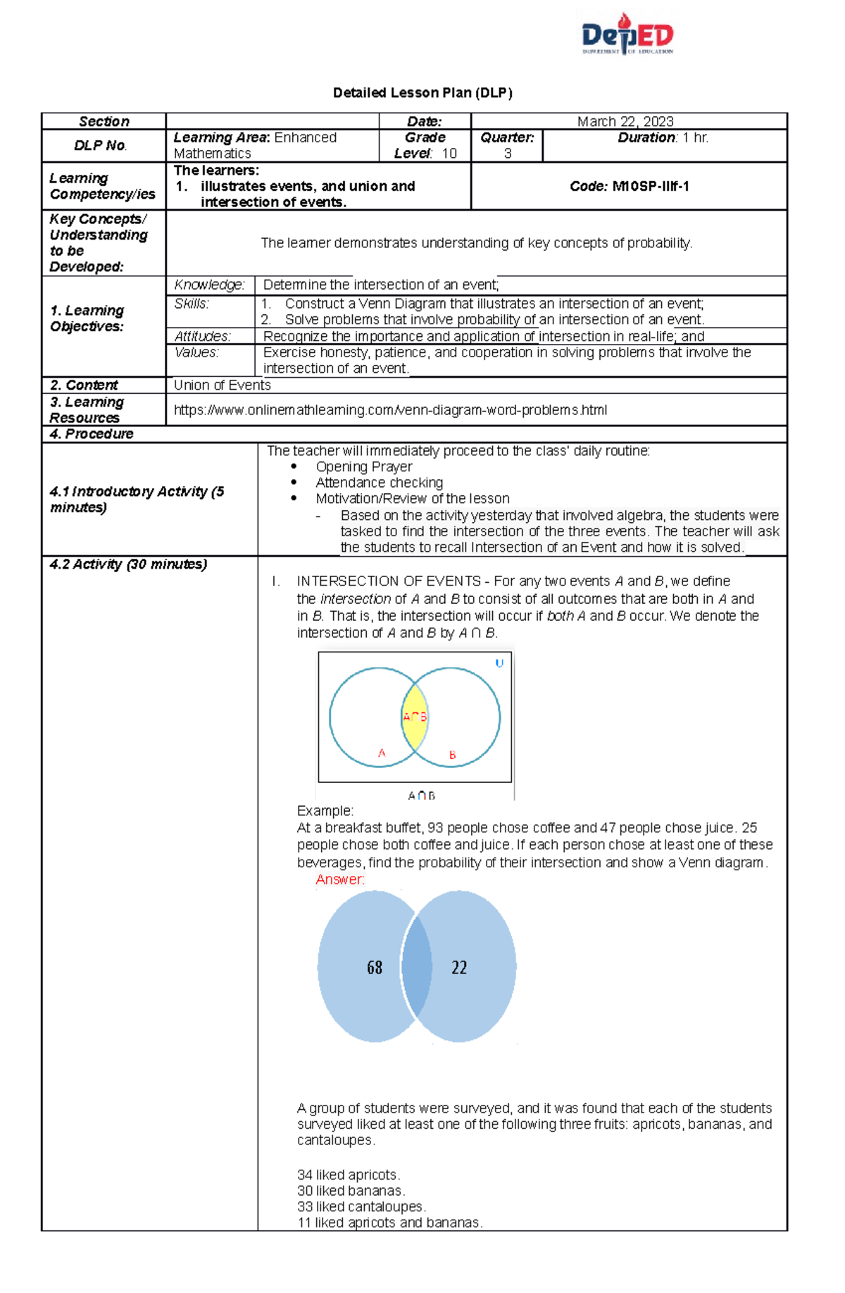 Iplan - Intersection of Events - Detailed Lesson Plan (DLP) Section ...