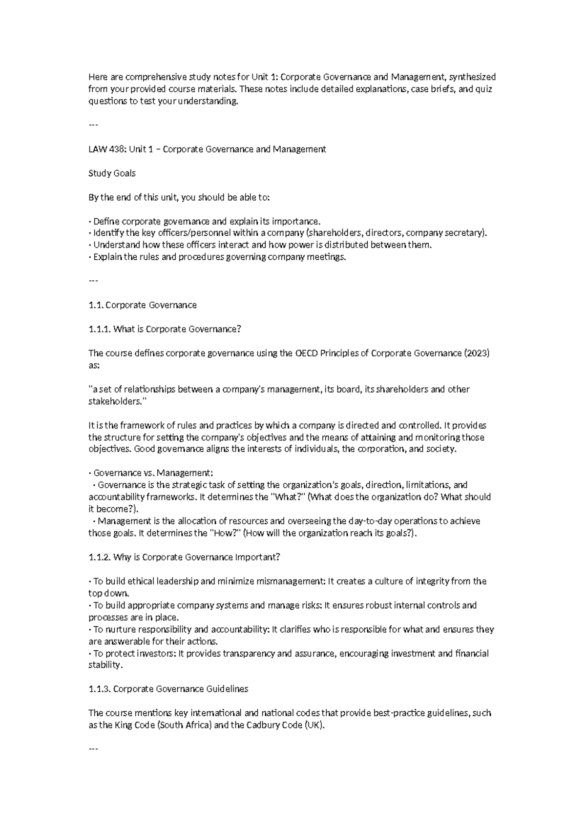 438: Unit 1 Corporate Governance & Management Study Notes - Studocu