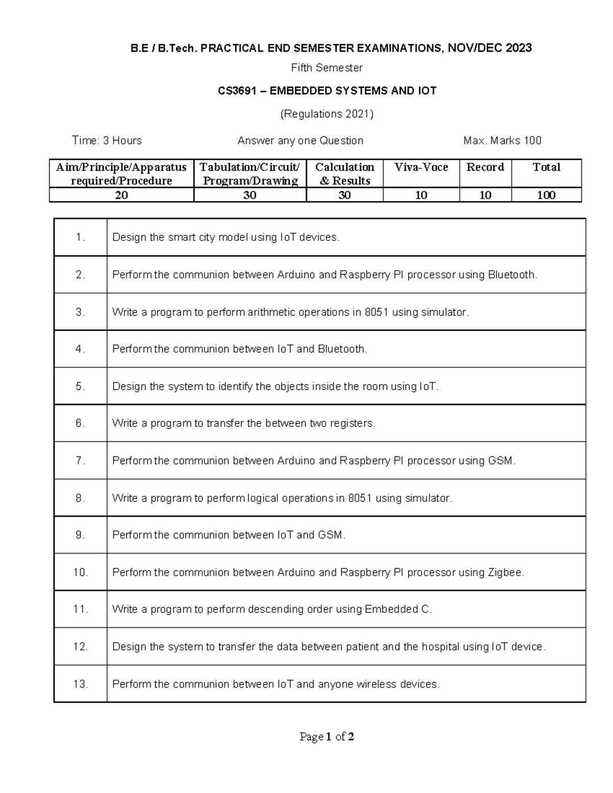 CS3691 SET4 - Lab Exam Questions for Embedded Systems & IoT - Studocu