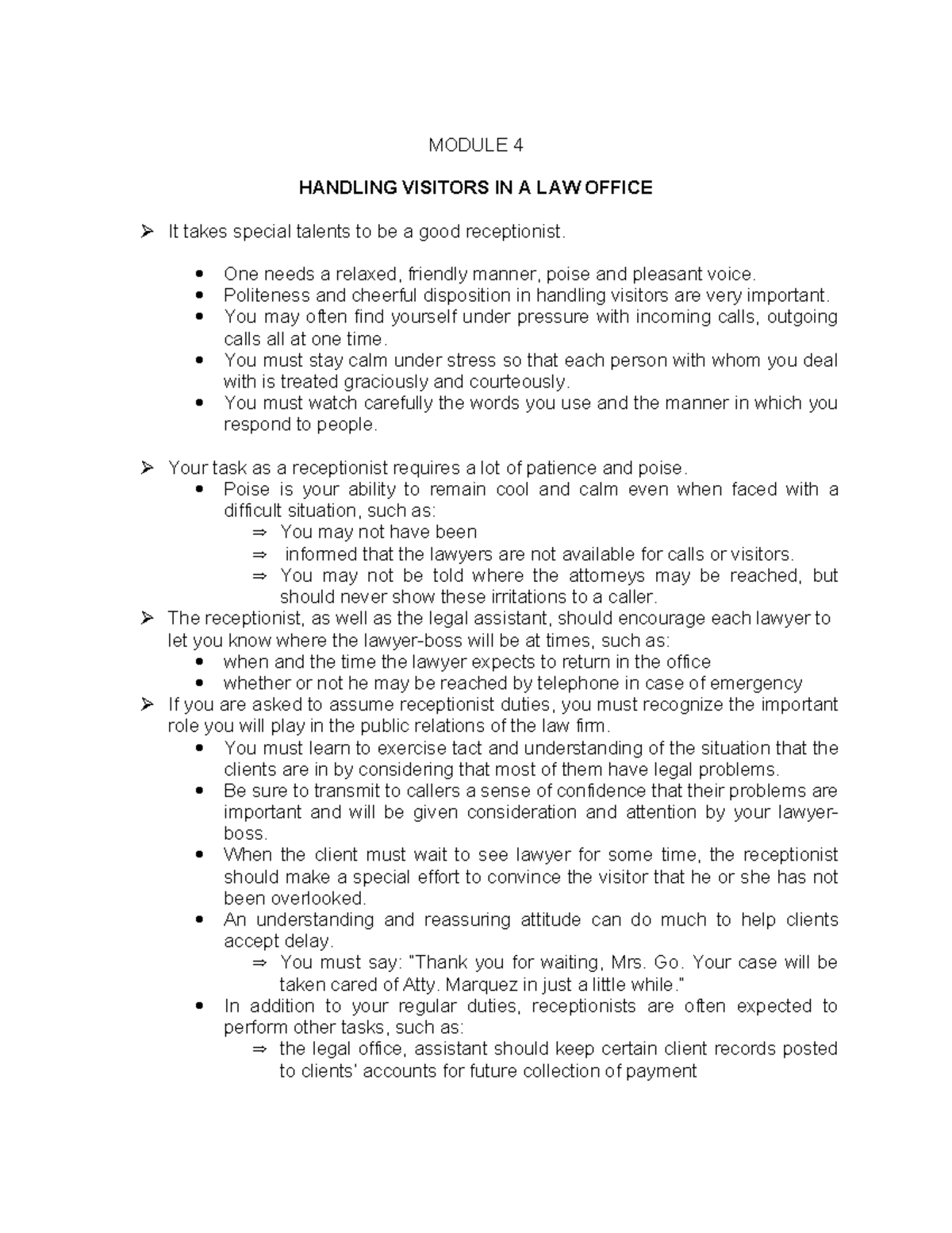 1- Module-4 - MODULE 4 HANDLING VISITORS IN A LAW OFFICE It takes ...