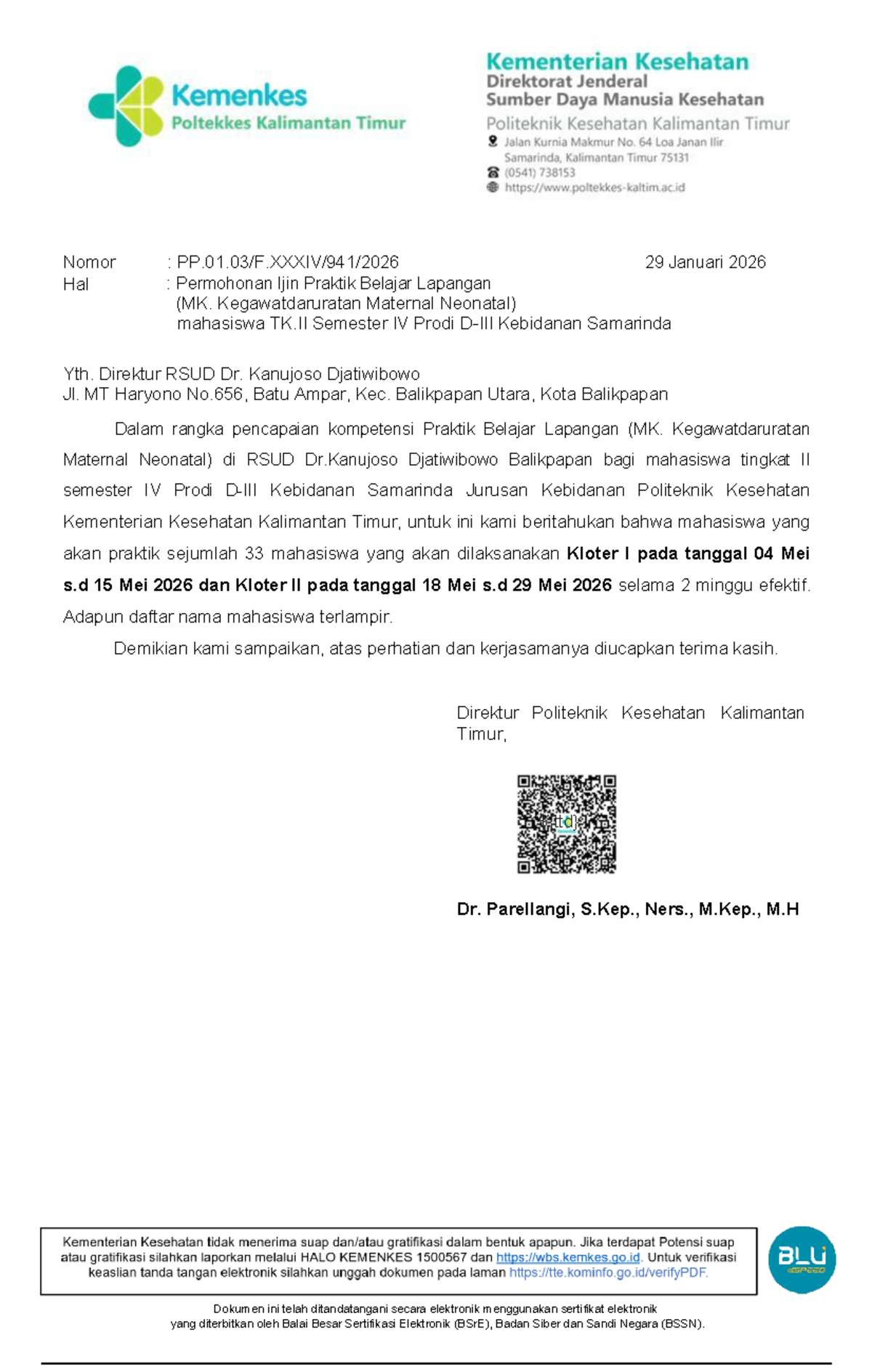 Permohonan Ijin Praktik Belajar Lapangan (MK. Kegawatdaruratan Maternal ...