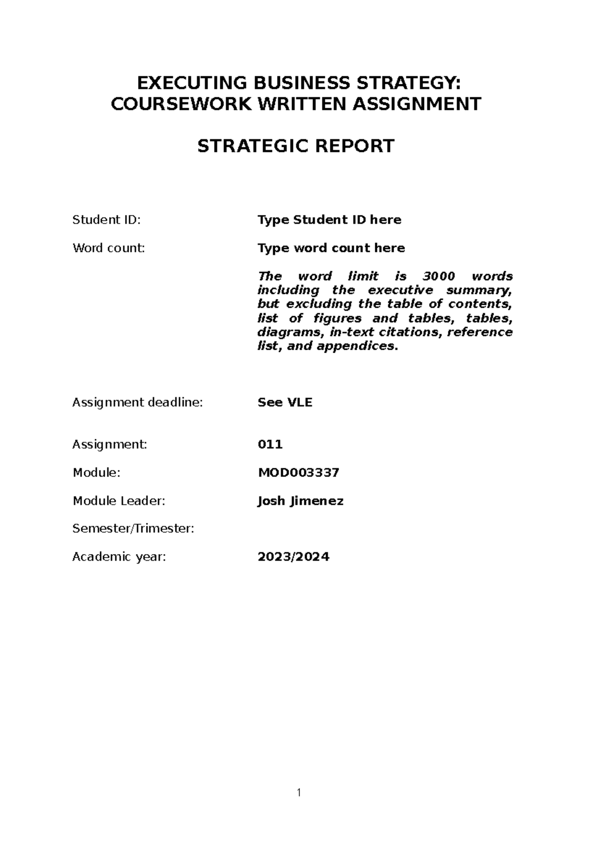 #011 Coursework Strategic Report Template for Business Strategy ...