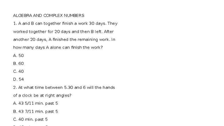 Algebra and Complex Numbers Quiz 1: Problem Set and Solutions - Studocu