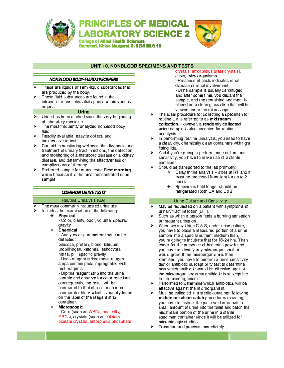 Unit 10: Nonblood Specimens & Tests - PMLS2 Study Notes - Studocu