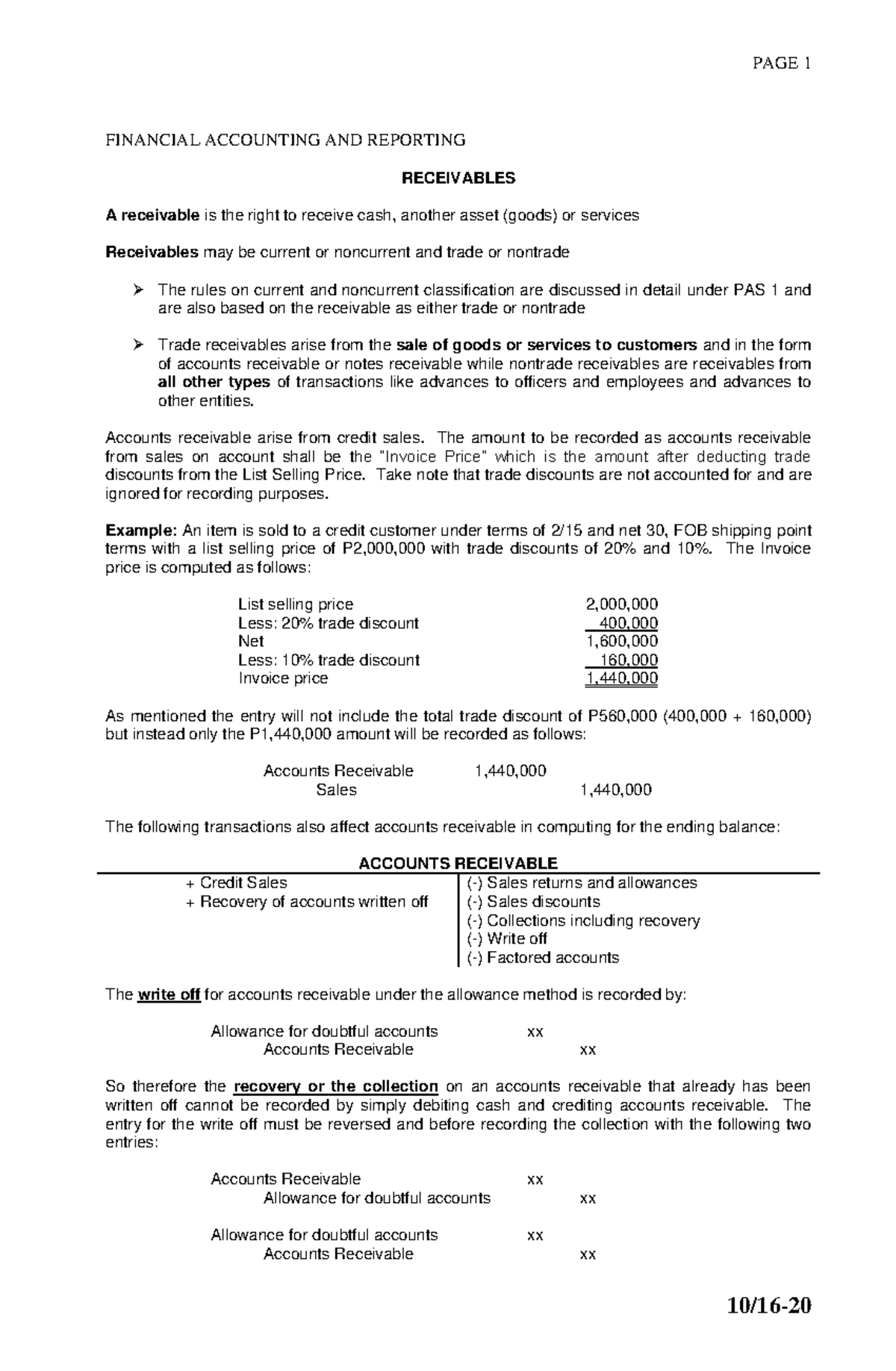 IA1 11-Receivables Lecture Notes: Key Concepts and Methods - Studocu