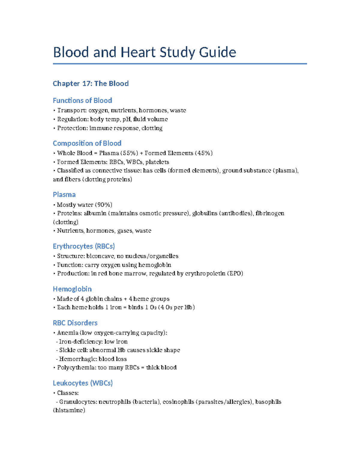 Blood and Heart Study Guide: Functions, Composition, and Disorders ...