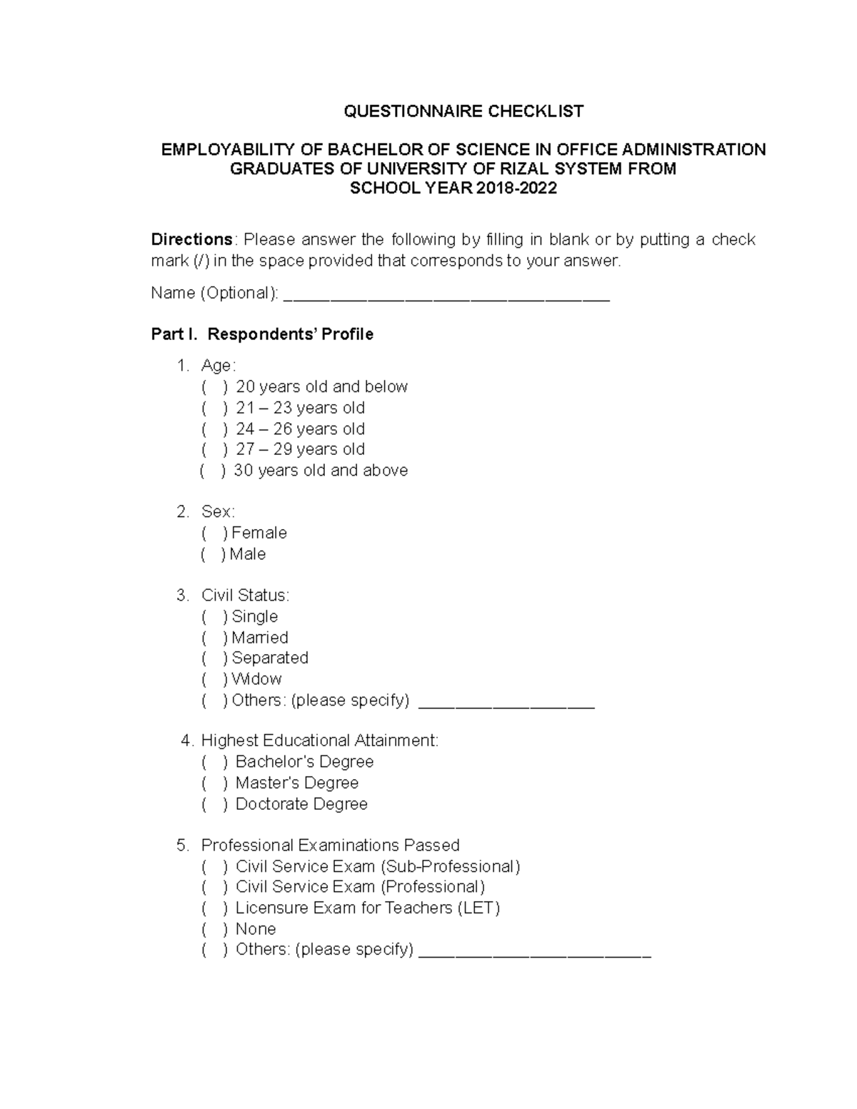 Revised Questionnaire on Employability of BSOA Graduates from URS (SY ...