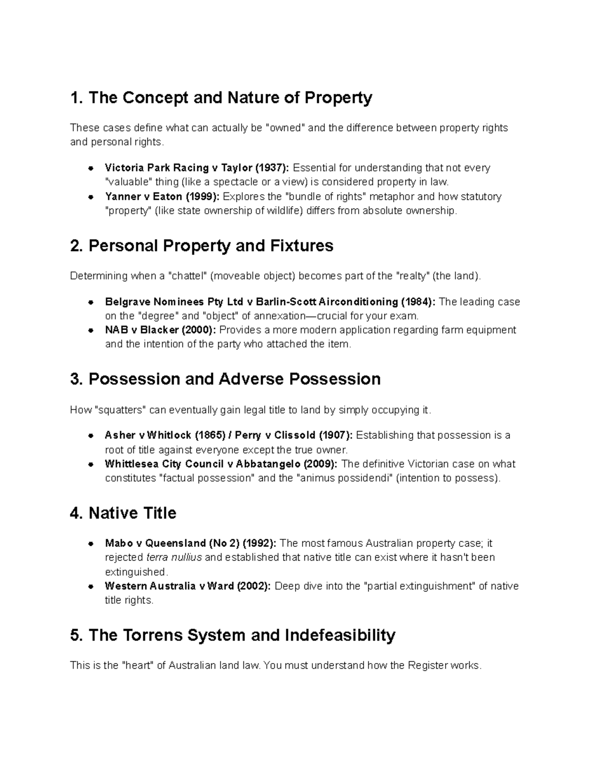 Property Law Cases Overview: Key Cases & Concepts (LAW101) - Studocu