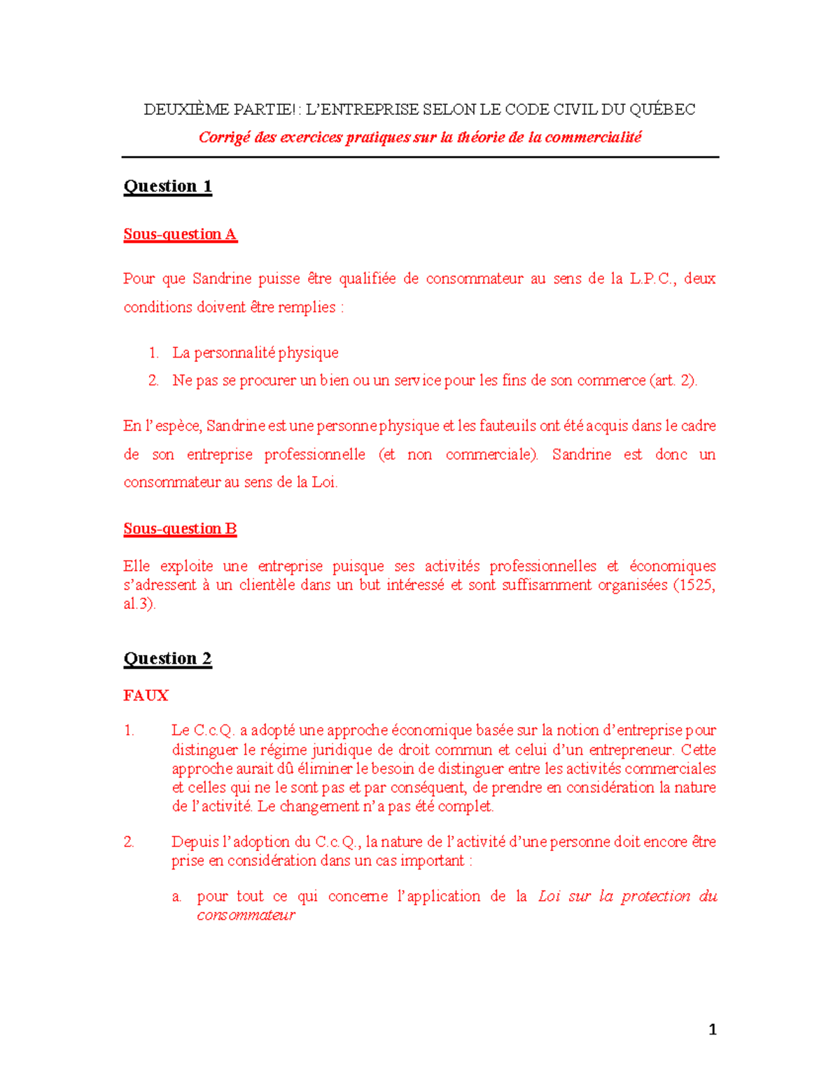 Exercices Pratiques sur la Théorie de la Commercialité - Cours 2 - Studocu