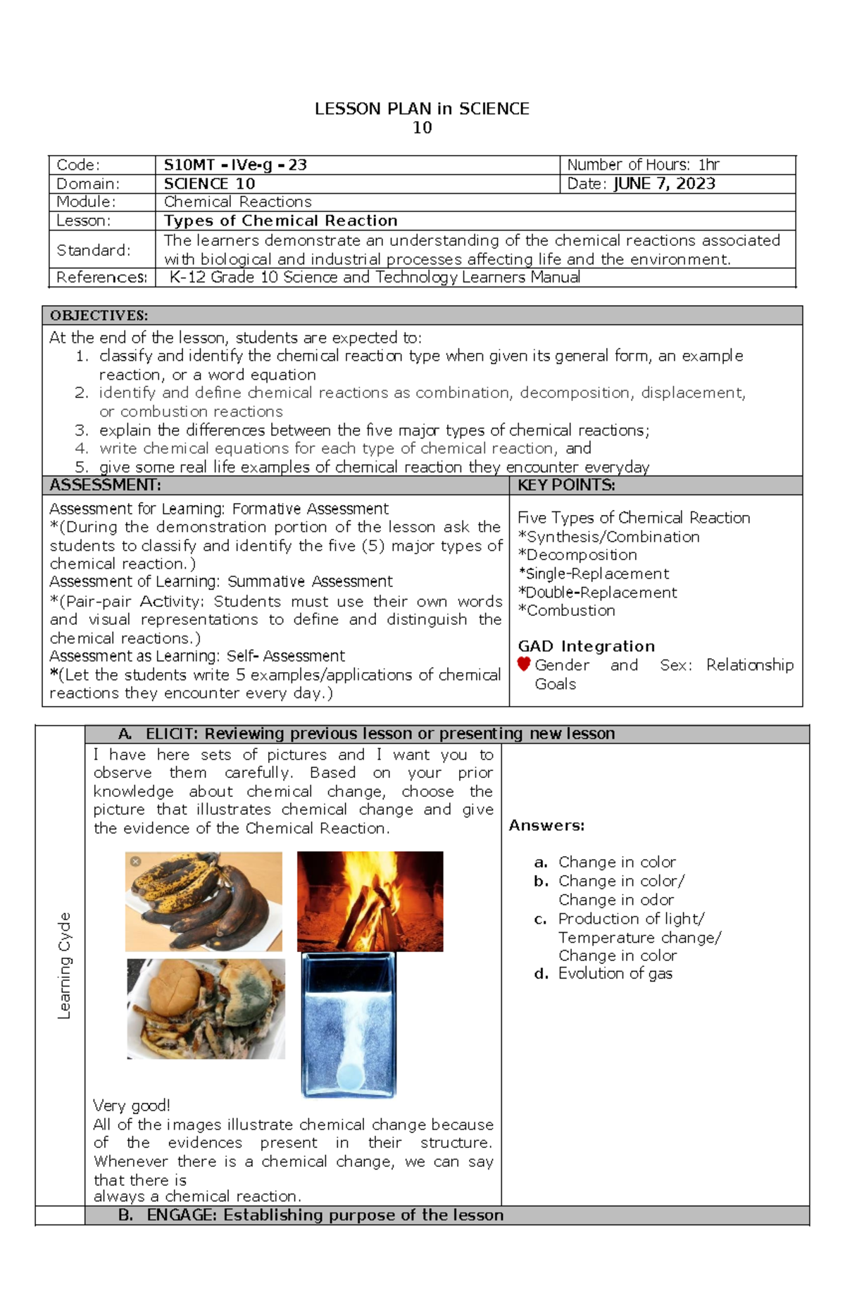 LESSON PLAN: Types of Chemical Reactions for SCIENCE 10 - Studocu
