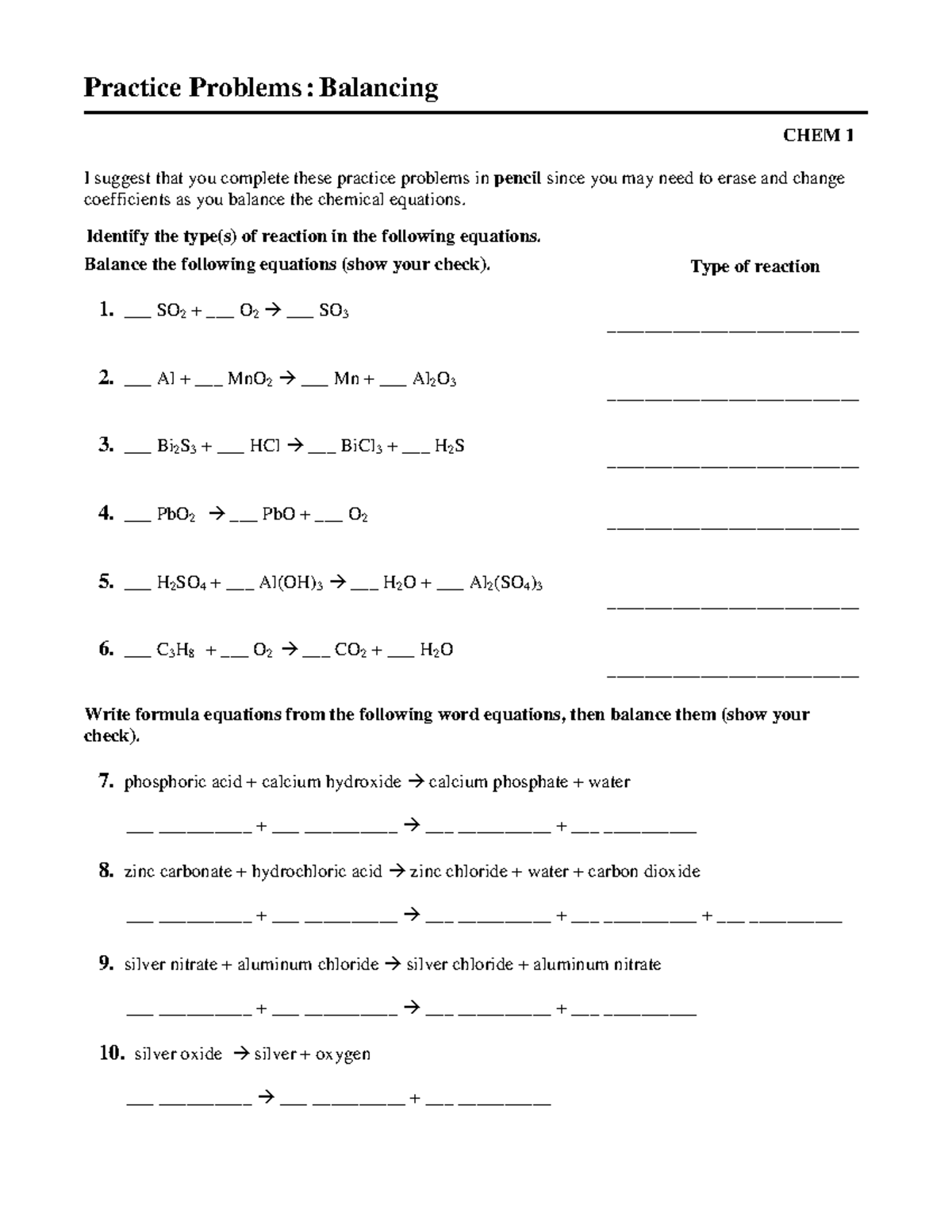 Balancing Chemical Equations Practice - Practice Problems : Balancing ...