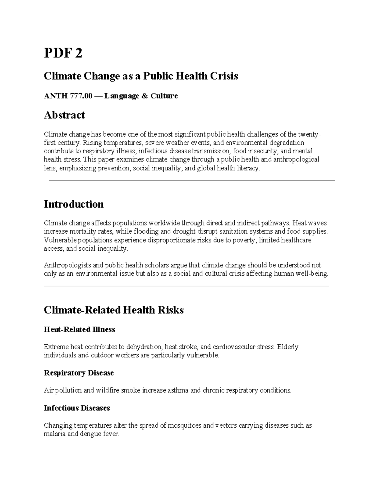 ANTH 2 Climate Change as a Public Health Crisis: A Study on Health ...