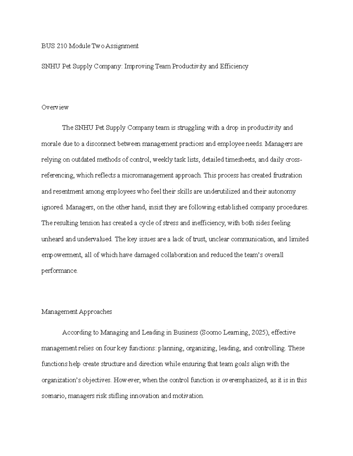 BUS 210 Module Two Assignment: Enhancing Team Productivity at SNHU Pet ...