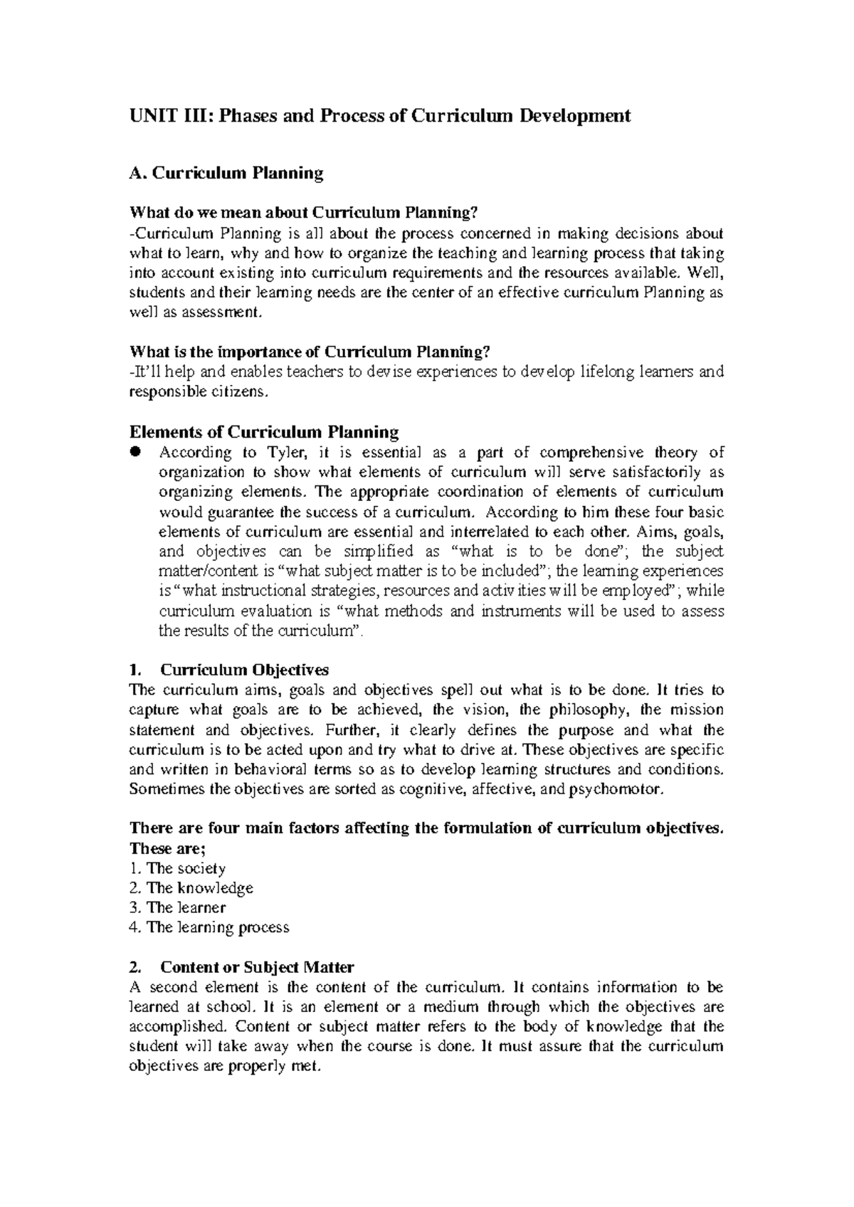 'UNIT III-Phases and Process of Curriculum Development' - UNIT III ...