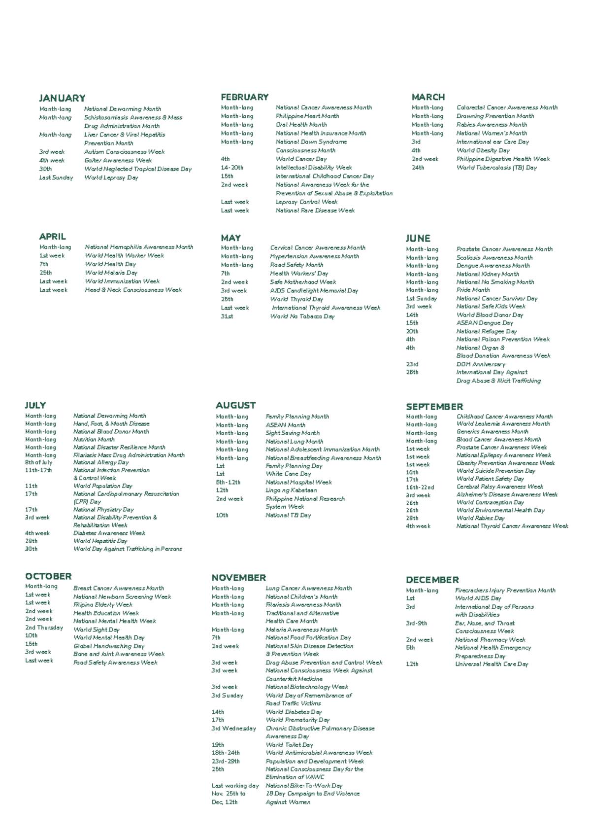 DOH Planner Calendar: Health Awareness Events and Observances - Studocu