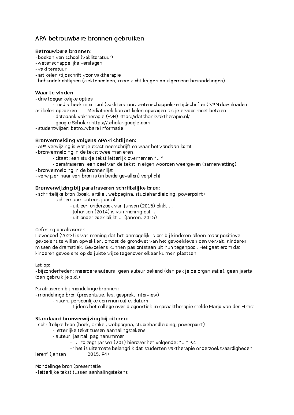 APA Richtlijnen voor Betrouwbare Bronnen in Vaktherapie - Studeersnel