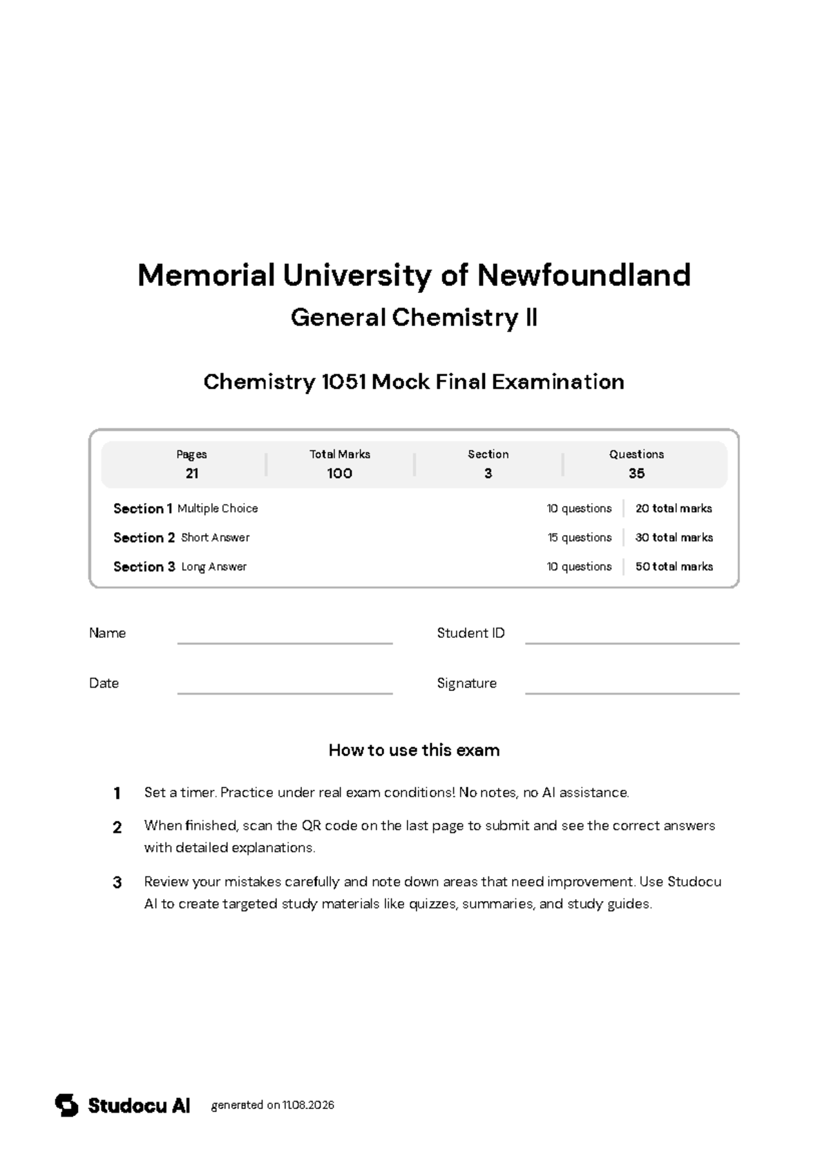 Chemistry 1051 Mock Final Examination - Studocu