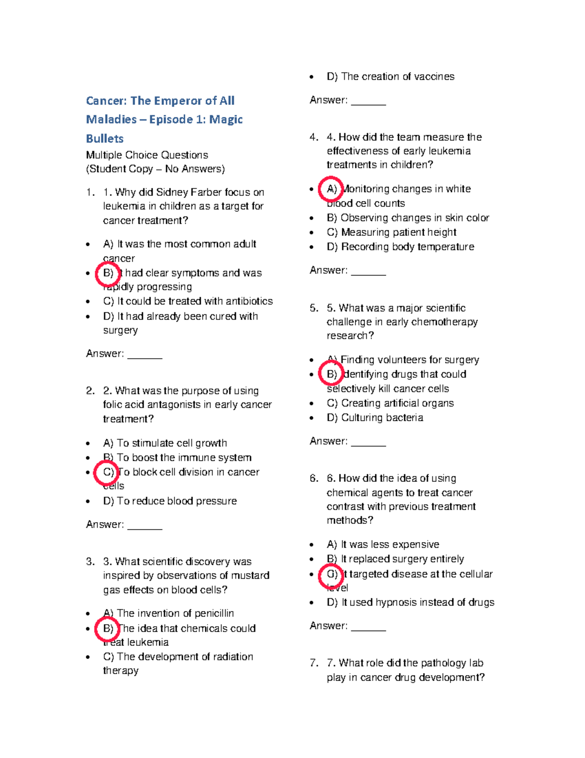 Cancer: The Emperor of All Maladies Episode 1 MCQs (No Answers) - Studocu