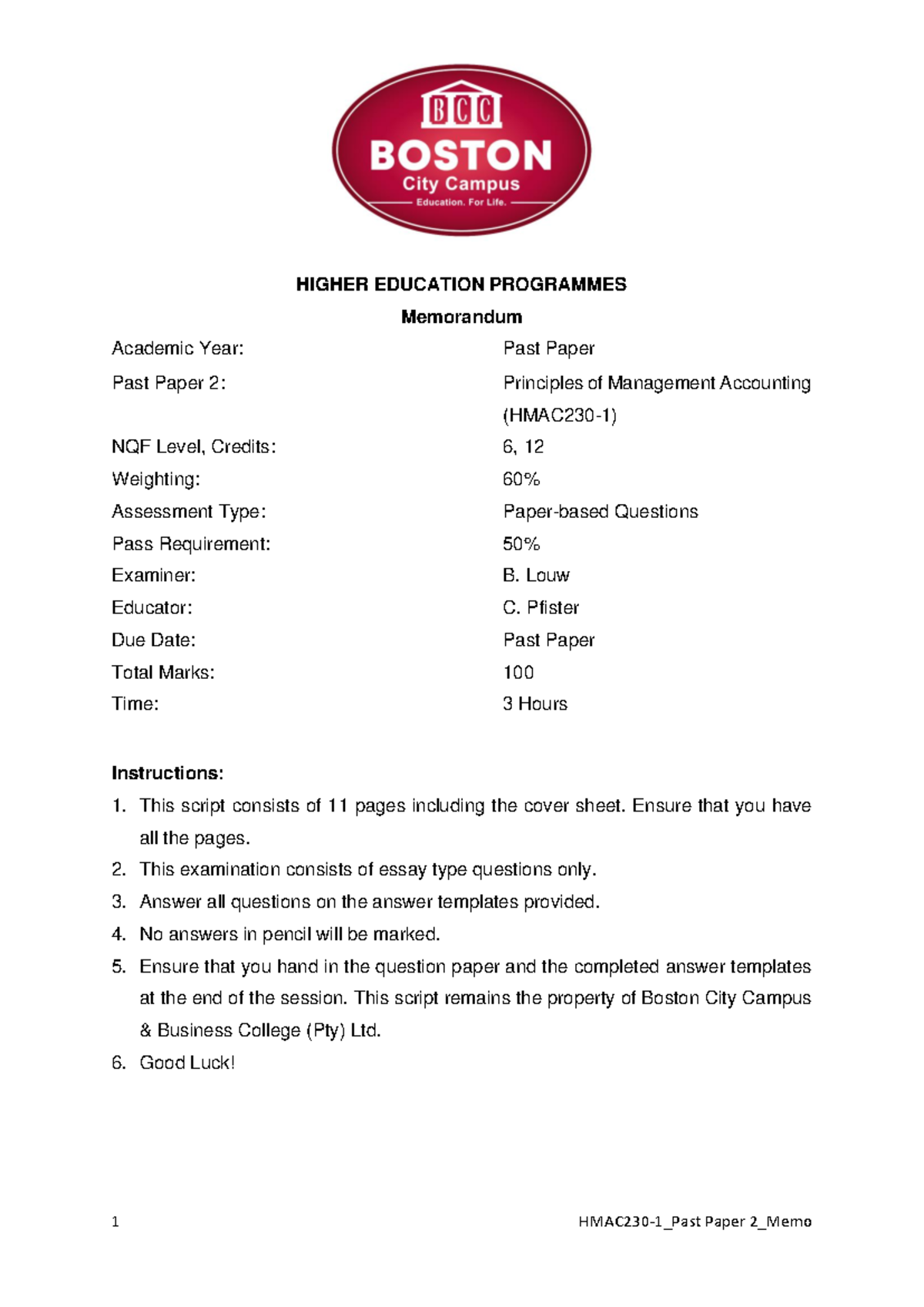 HMAC230-1: Past Paper 2 - Principles of Management Accounting Memo ...