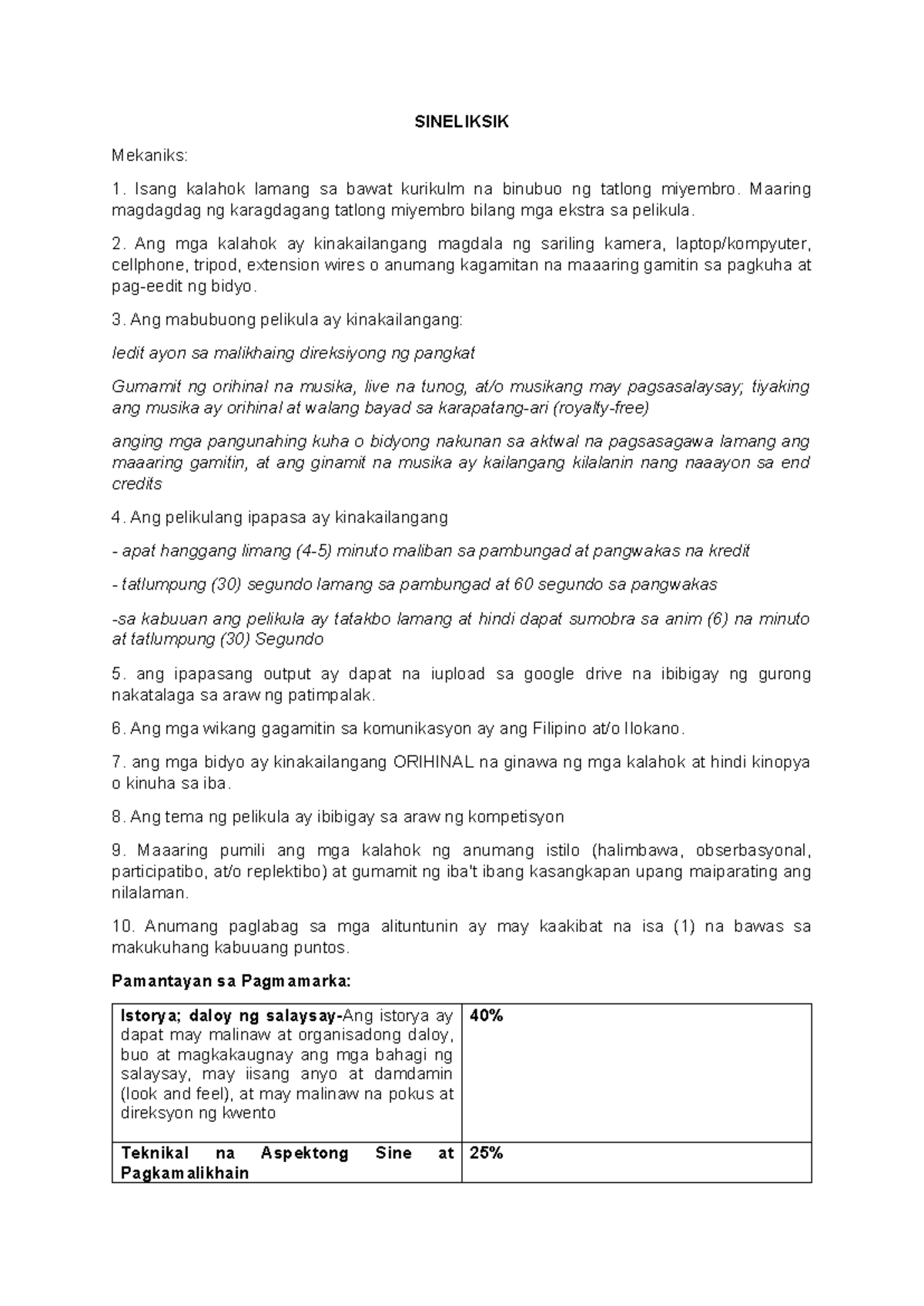 Sineliksik: Buwan ng Wika Film Competition Guidelines - Studocu
