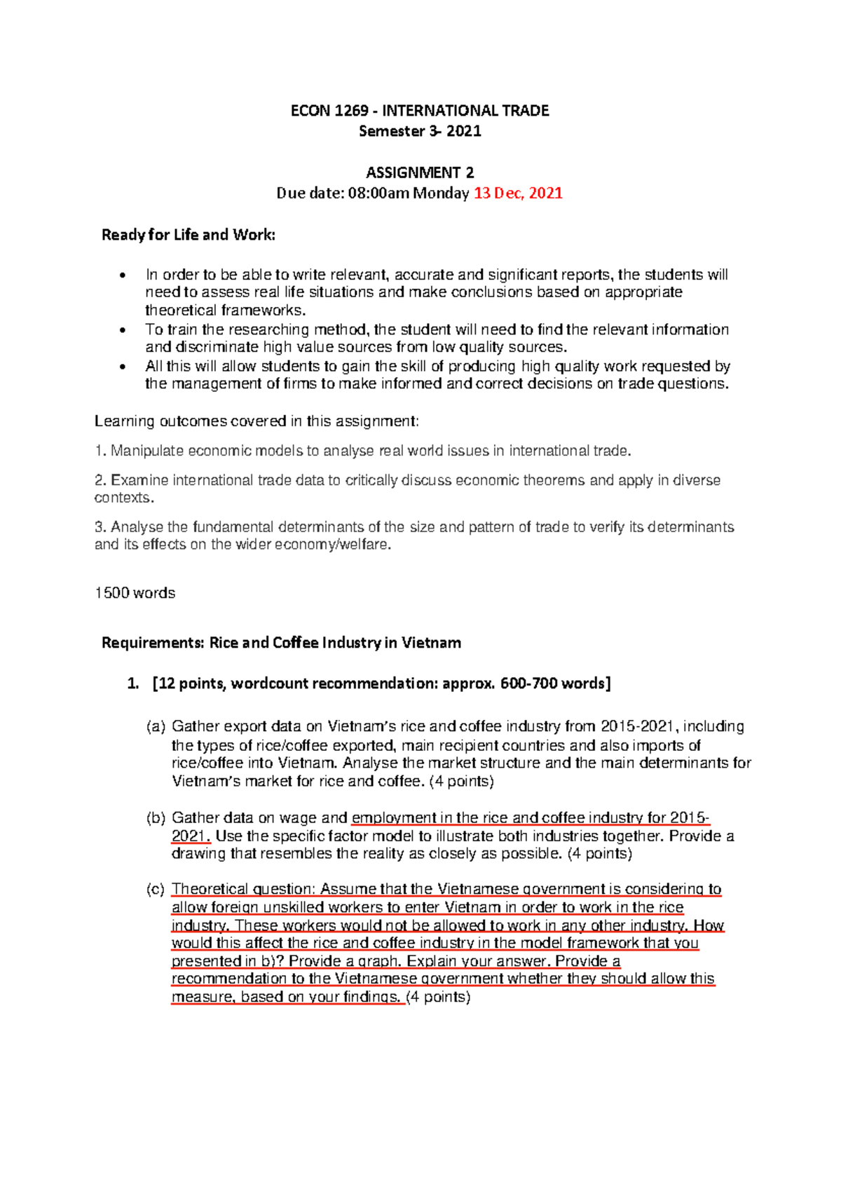 Assignment 2 sem 3 2021-2 - ECON 1269 - INTERNATIONAL TRADE Semester 3 ...