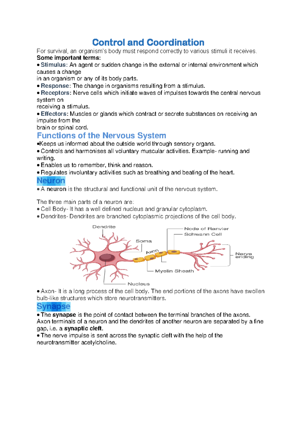 Control and Coordination Notes for Biology (BIO 101) - Studocu