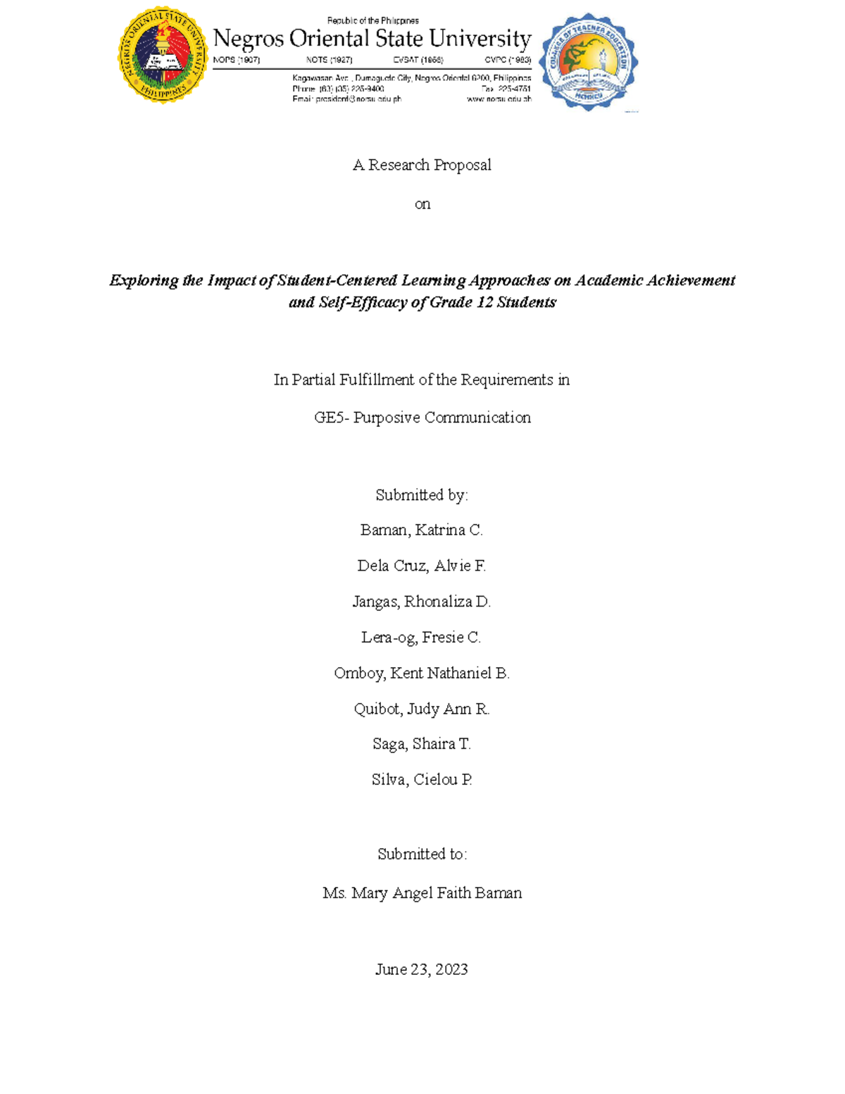 Research Proposal on Student-Centered Learning Impact - GE5 - Studocu