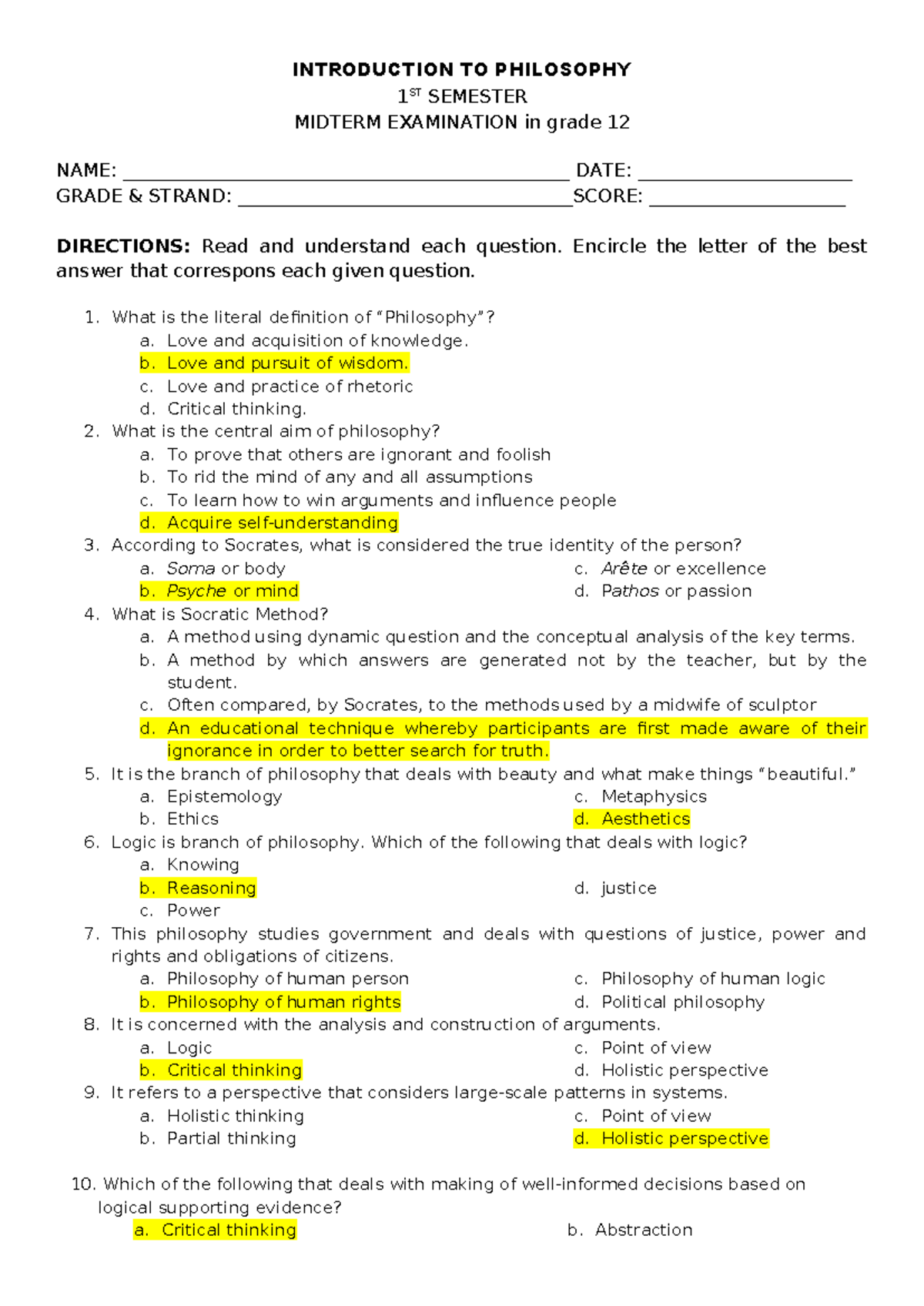 1ST SEMESTER MIDTERM EXAMINATION FOR INTRODUCTION TO PHILOSOPHY - Studocu