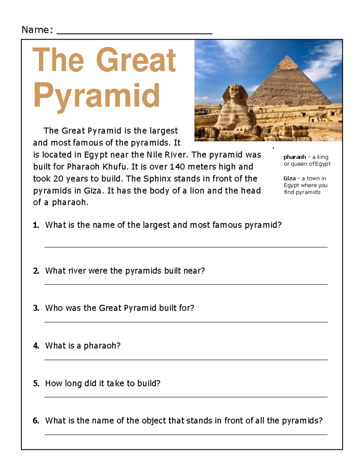Comprehension Questions on The Great Pyramid (4-Pyramids) - Studocu