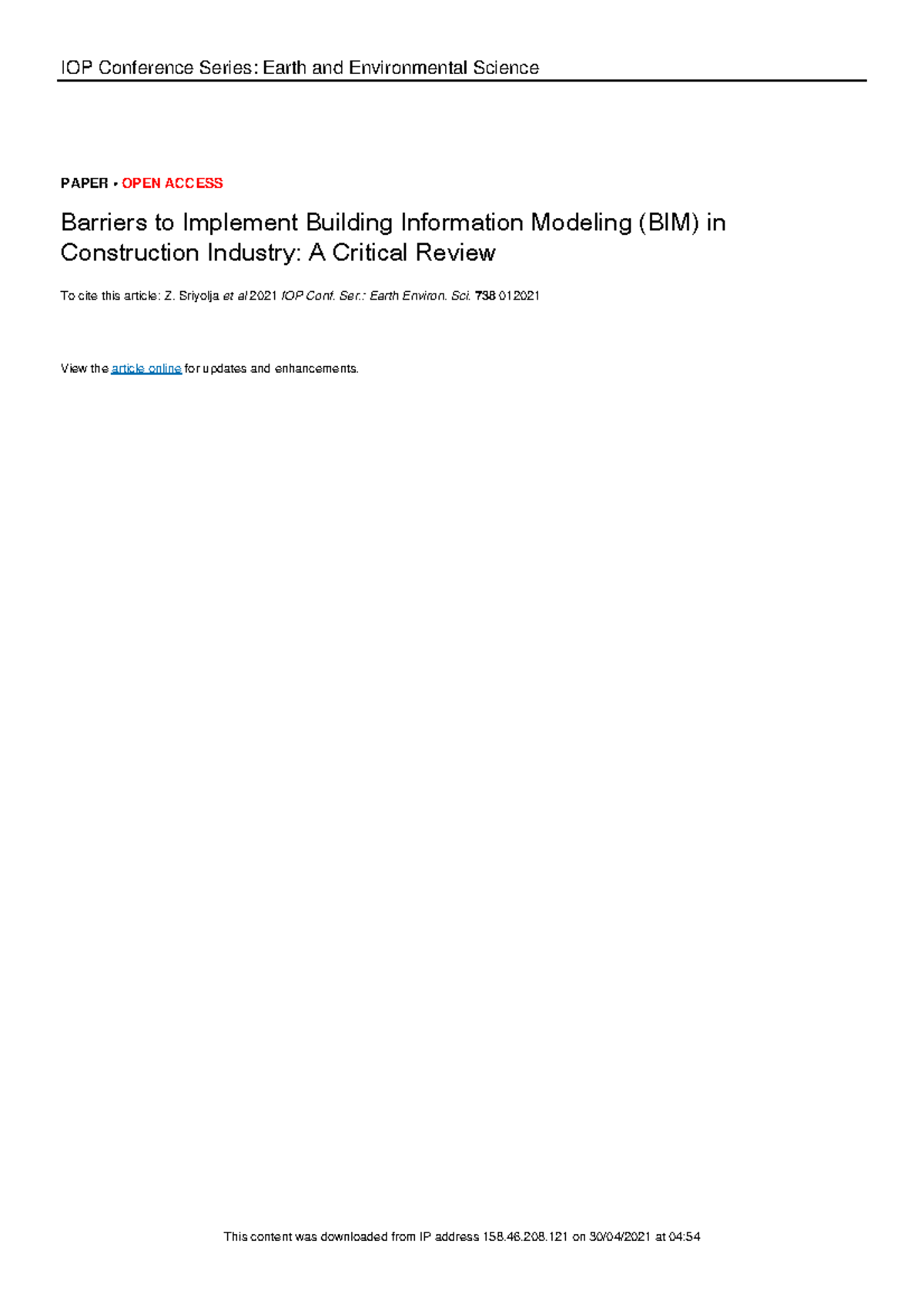 Barriers to Implementing BIM in Construction Industry: A Critical ...