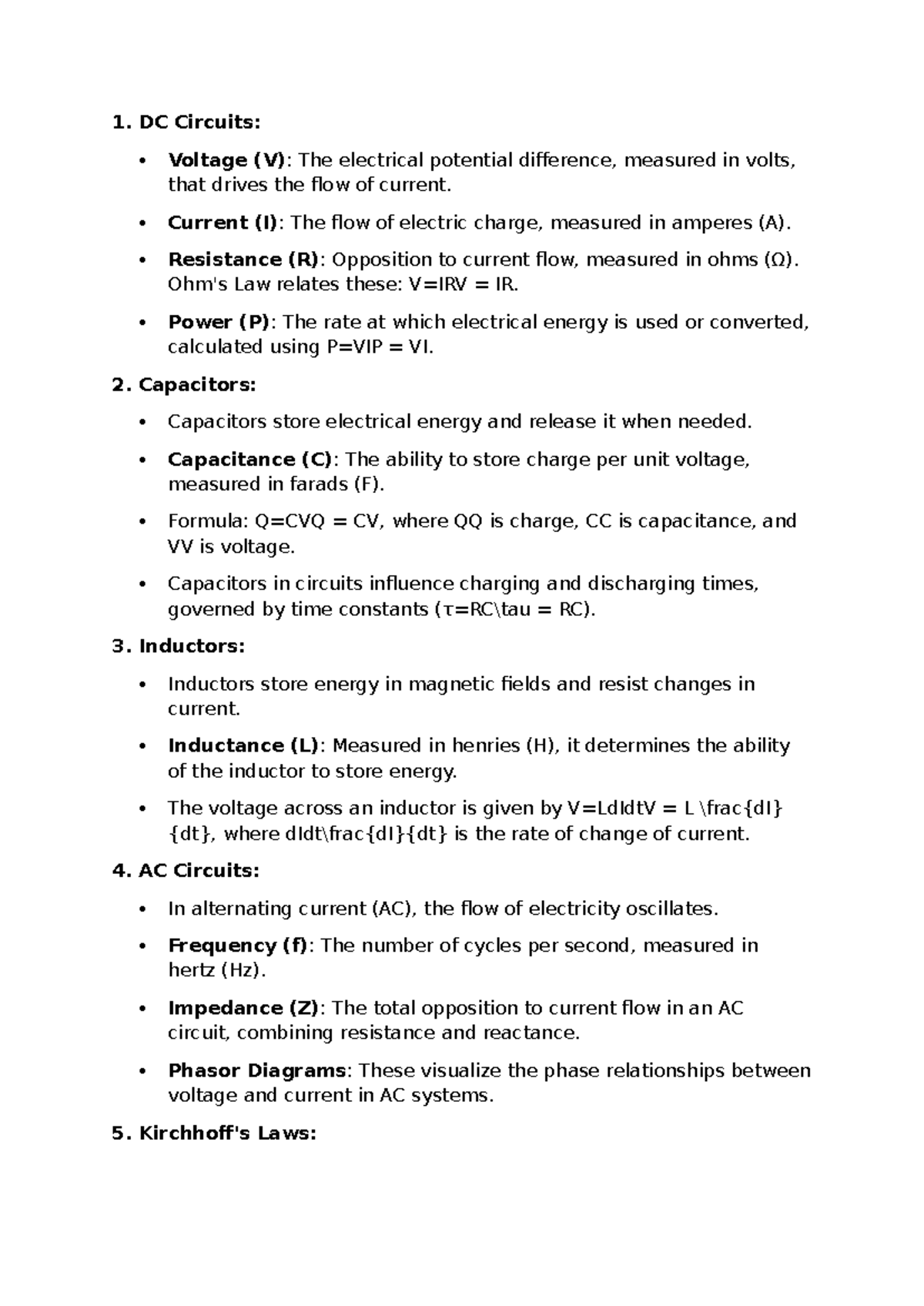 Ncea Level 3 Electricity Study Notes Dc Ac Circuits Components