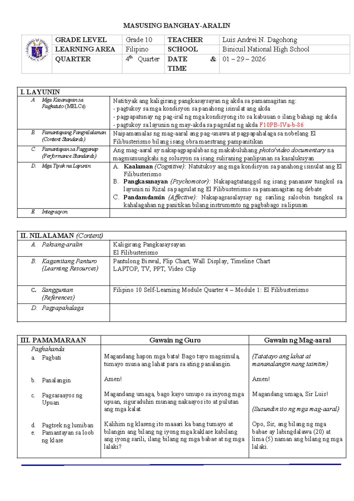 FIL 10 Q4 L2 - Lesson Plan on El Filibusterismo and Its Historical ...