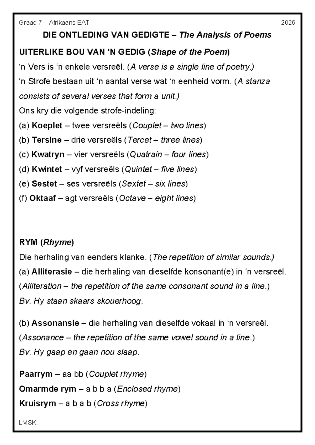 Graad 7 – Afrikaans EAT: Ontleding van Gedigte W3 Notes - Studocu