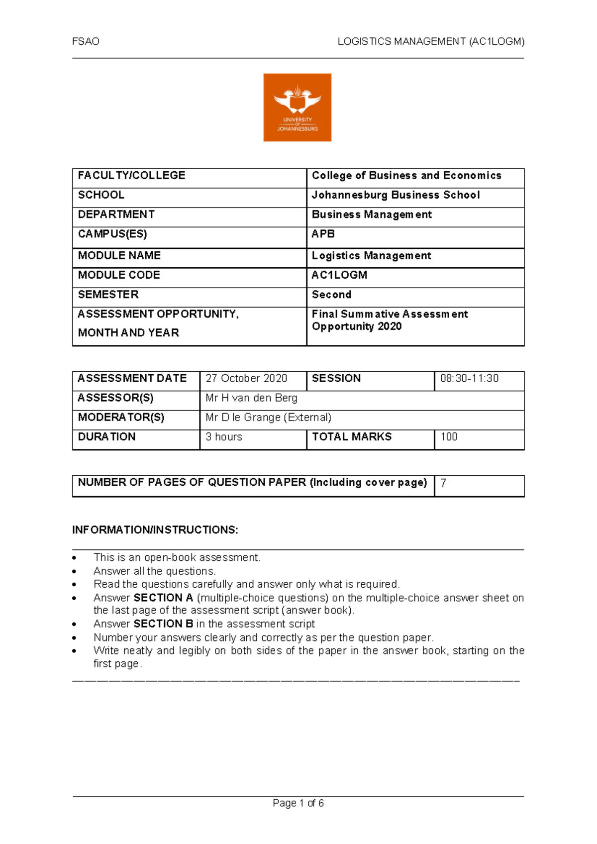 Logistics Management - Final Exam AC1LOGM - October 2020 - Studocu