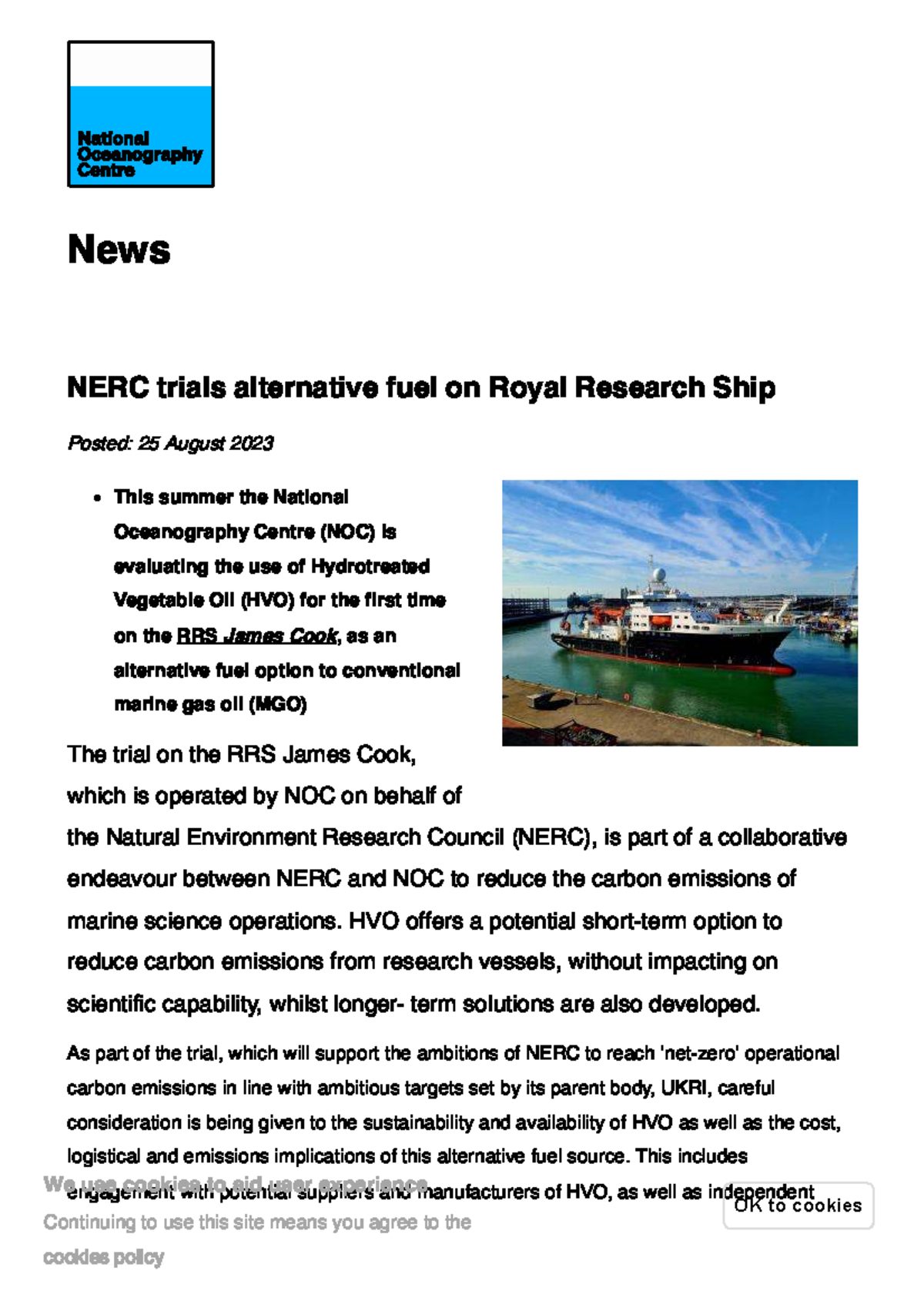 NERC Trials HVO Fuel on RRS James Cook: A Sustainable Approach - Studocu