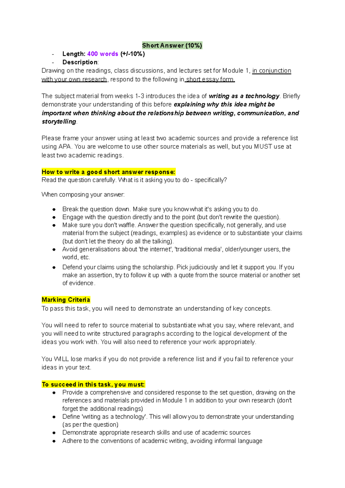 Module 1 Short Answer Response Guidelines: Writing as Technology - Studocu