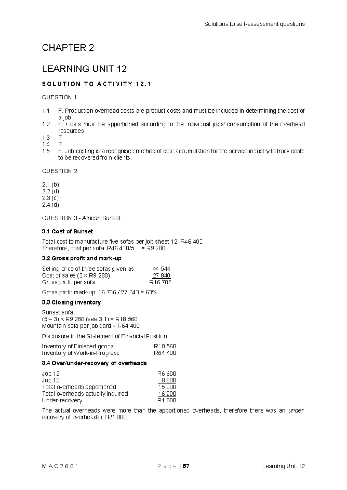 MAC2601 Learning UNIT 12 Solutions & Cost Analysis Techniques - Studocu